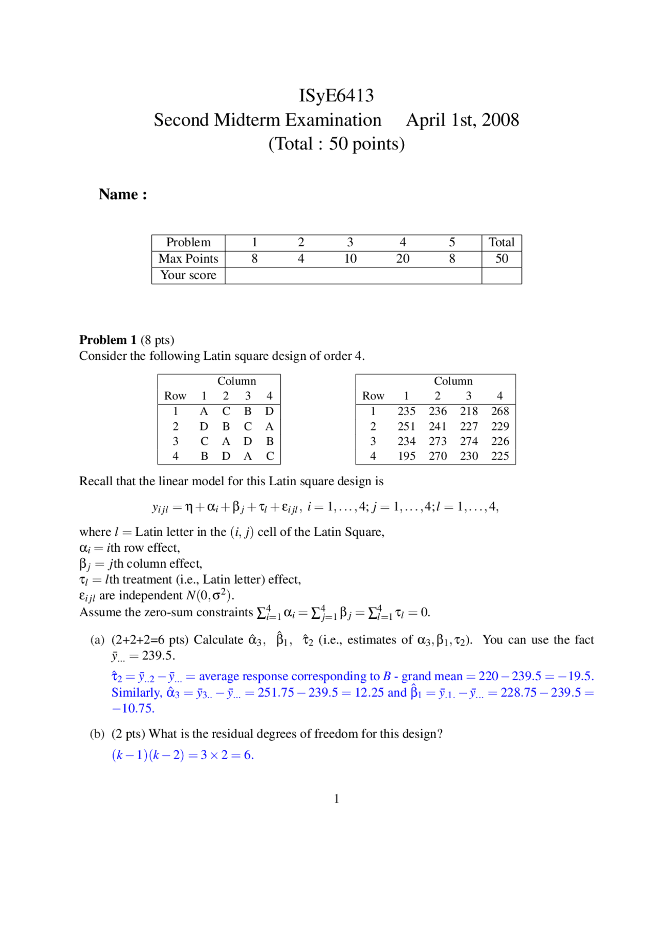 Solved 5 Problems Of Design And Analysis Experiment Exam 2 Isye
