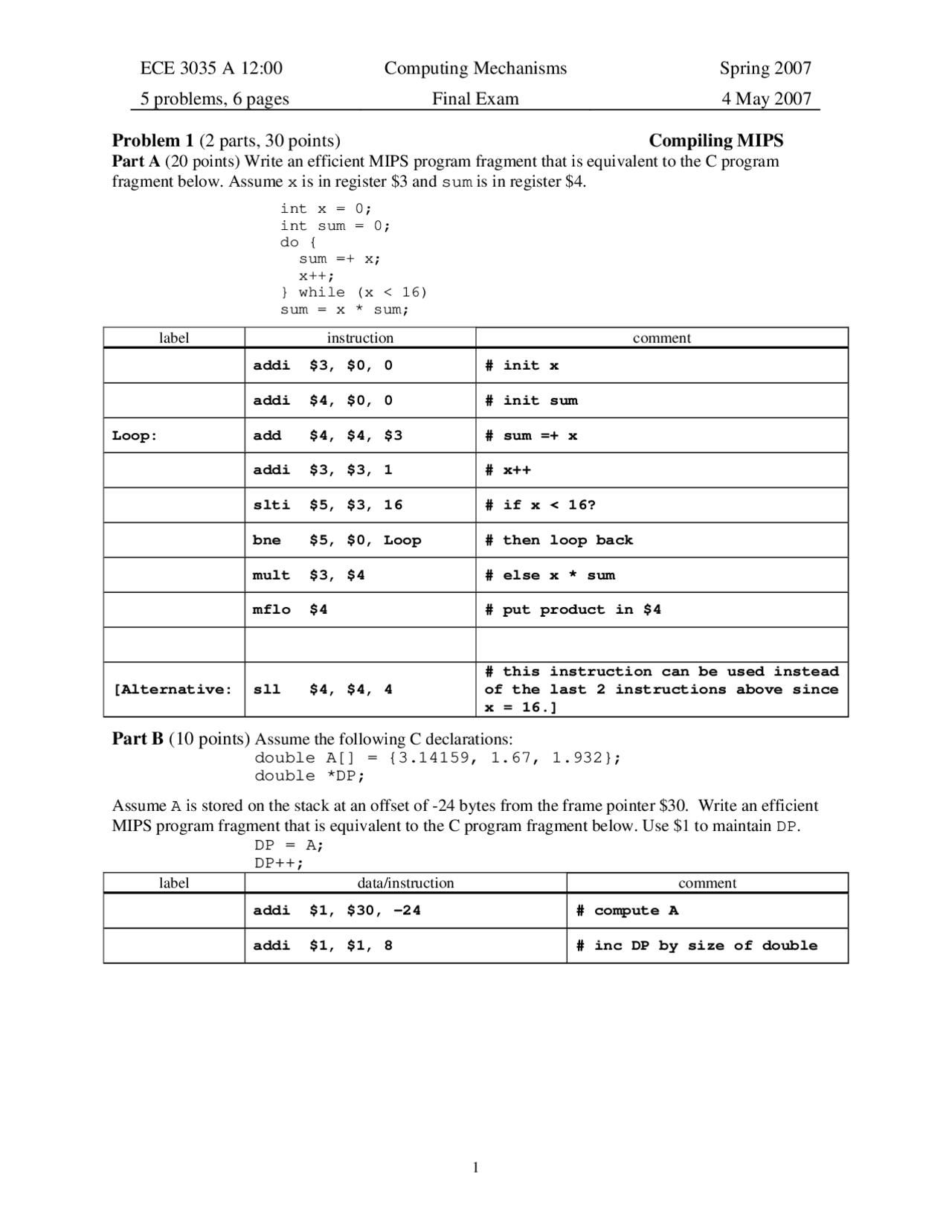 ECE 3035 Final Exam: Computing Mechanisms | Exams Electrical and Electronics Engineering | Docsity