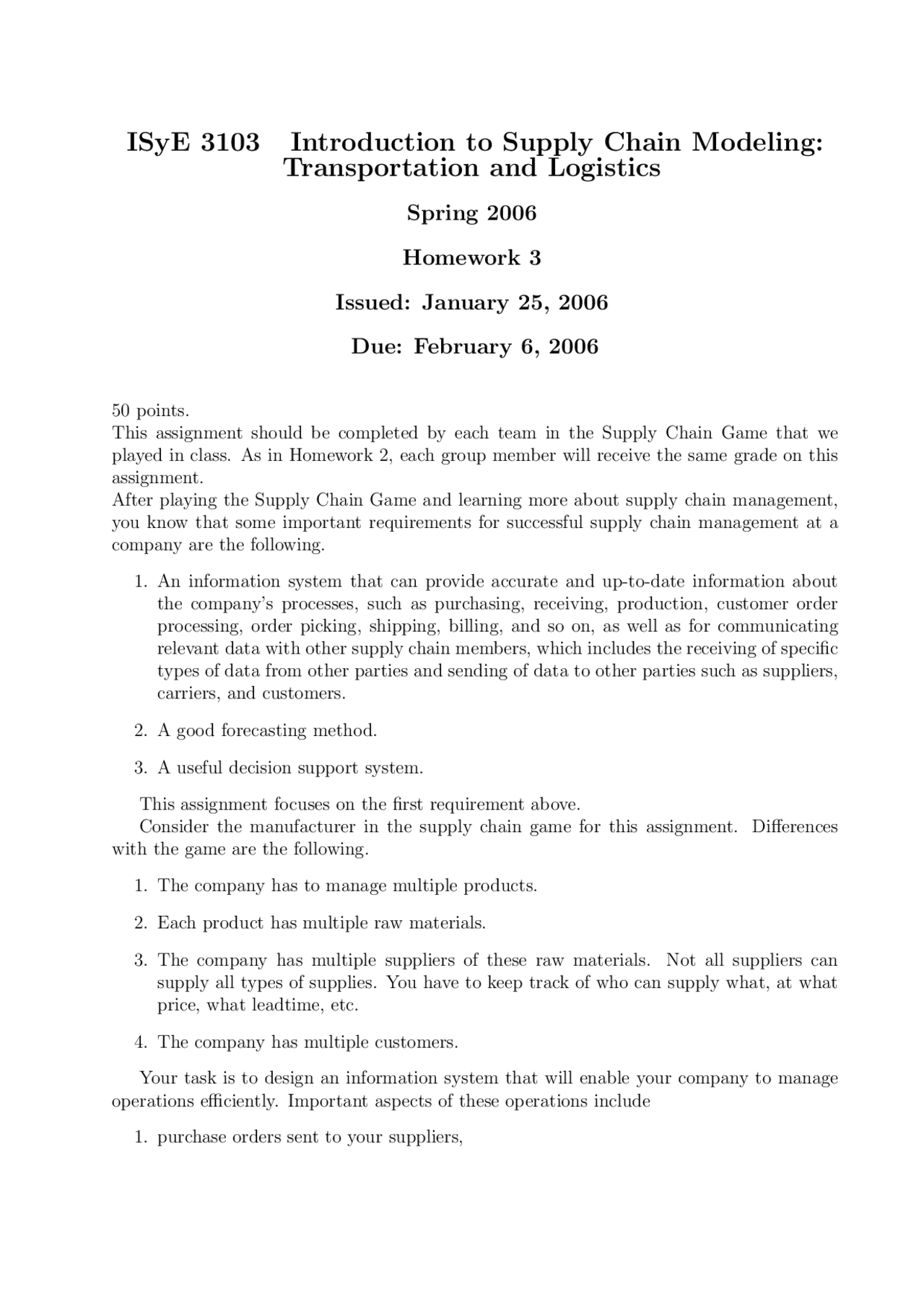 Homework 3 Supply Chain Modeling Logistics Isye 3103 Docsity