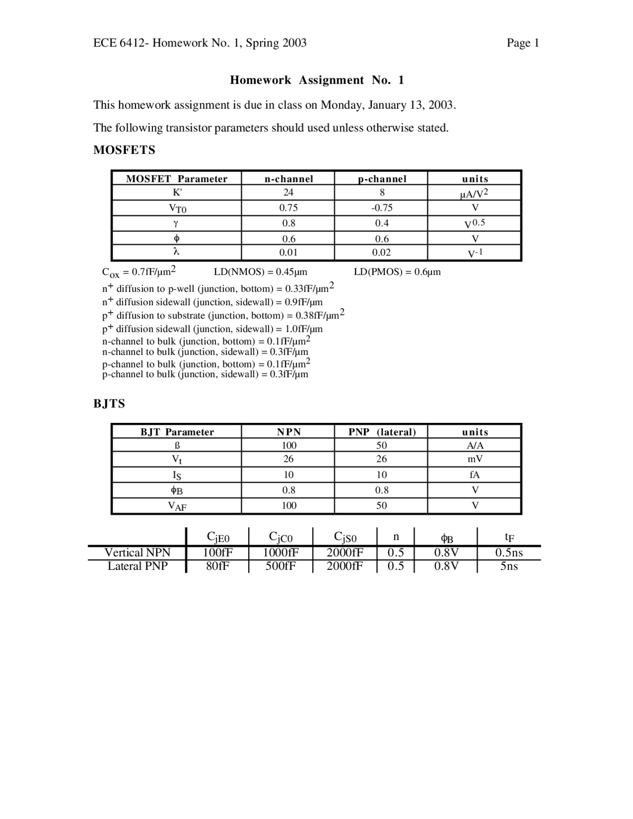 Analog Integrated Circuit Design Notes For Assignment 1 Ece 6412 Docsity