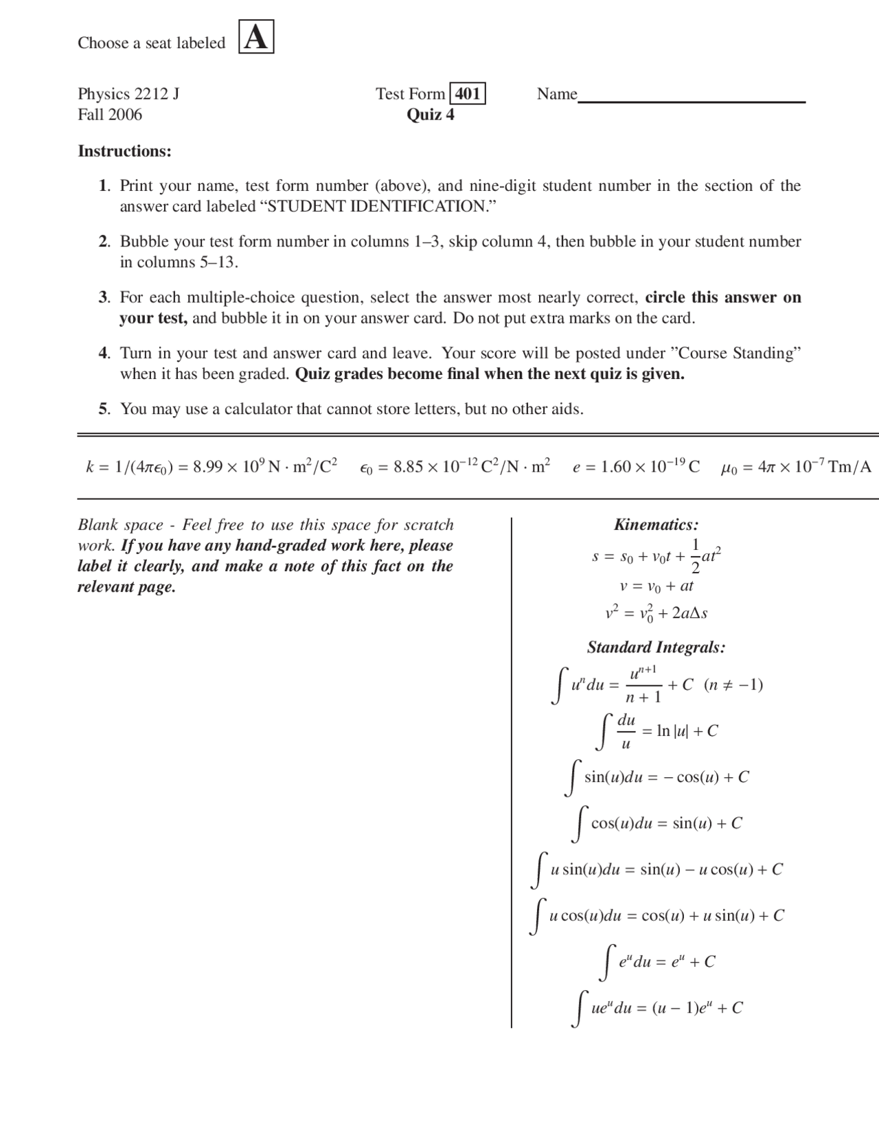 Questions On Introduction Physics I Practice Quiz 4 Phys 2212