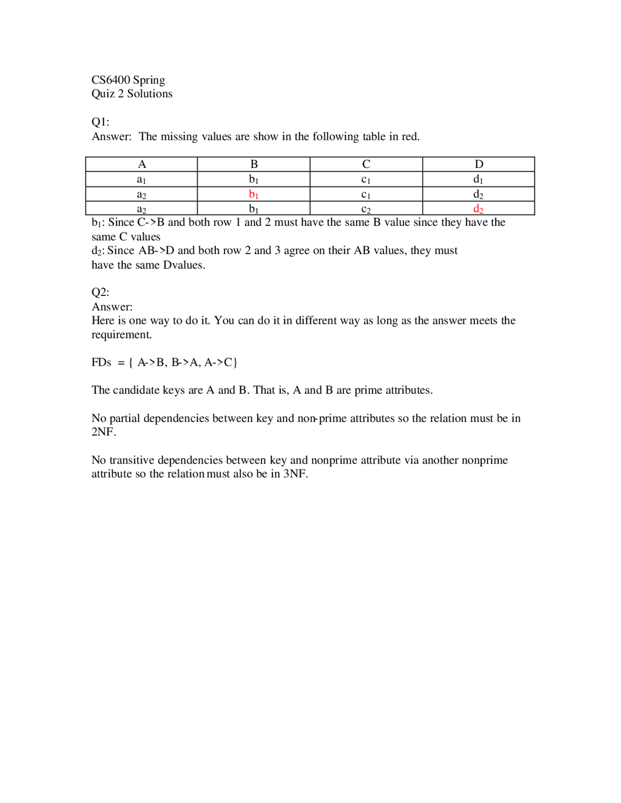 Quiz 2 Solutions For Database Systems Concepts And Design Cs 6400