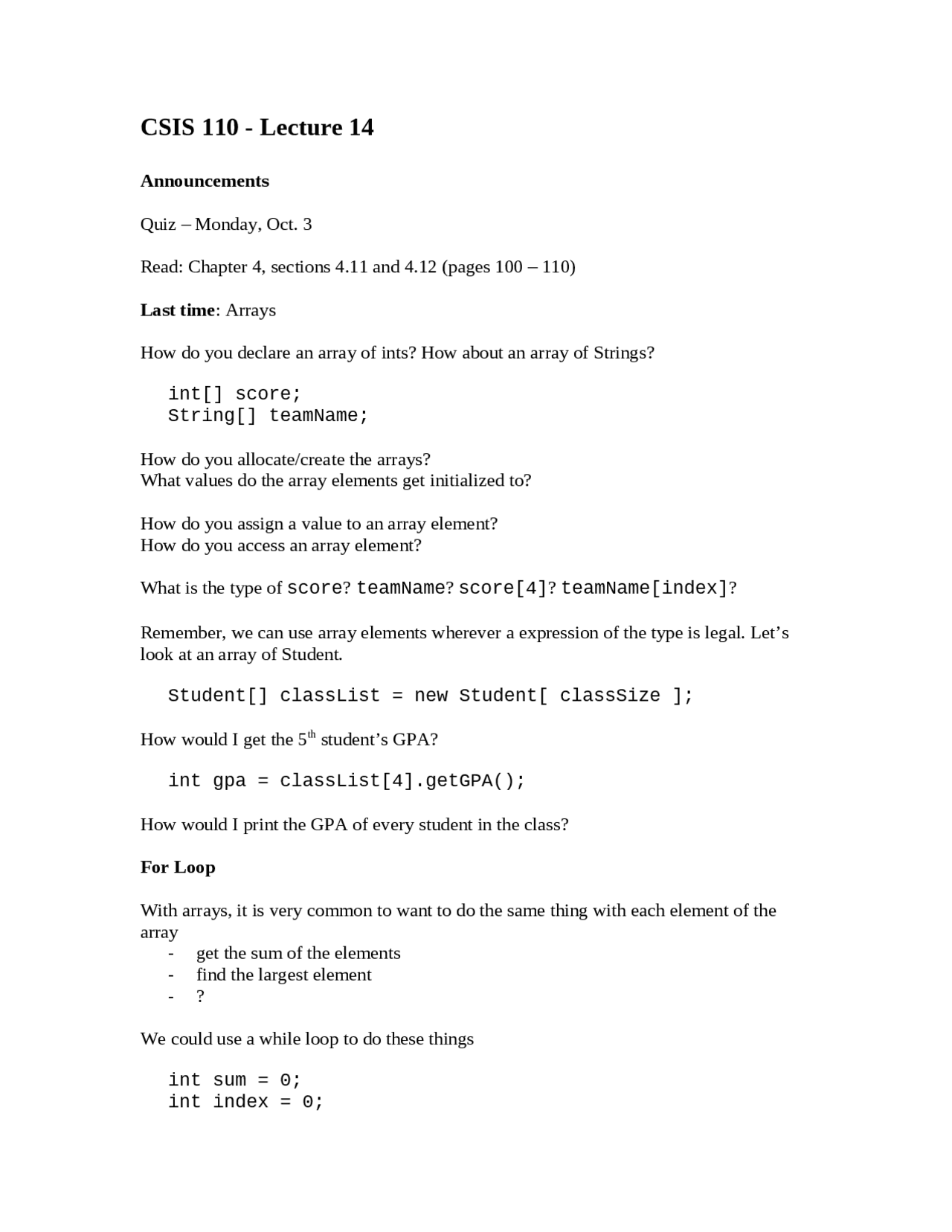 Classification of Largest Integration of the Array Elements | CSIS 110 ...