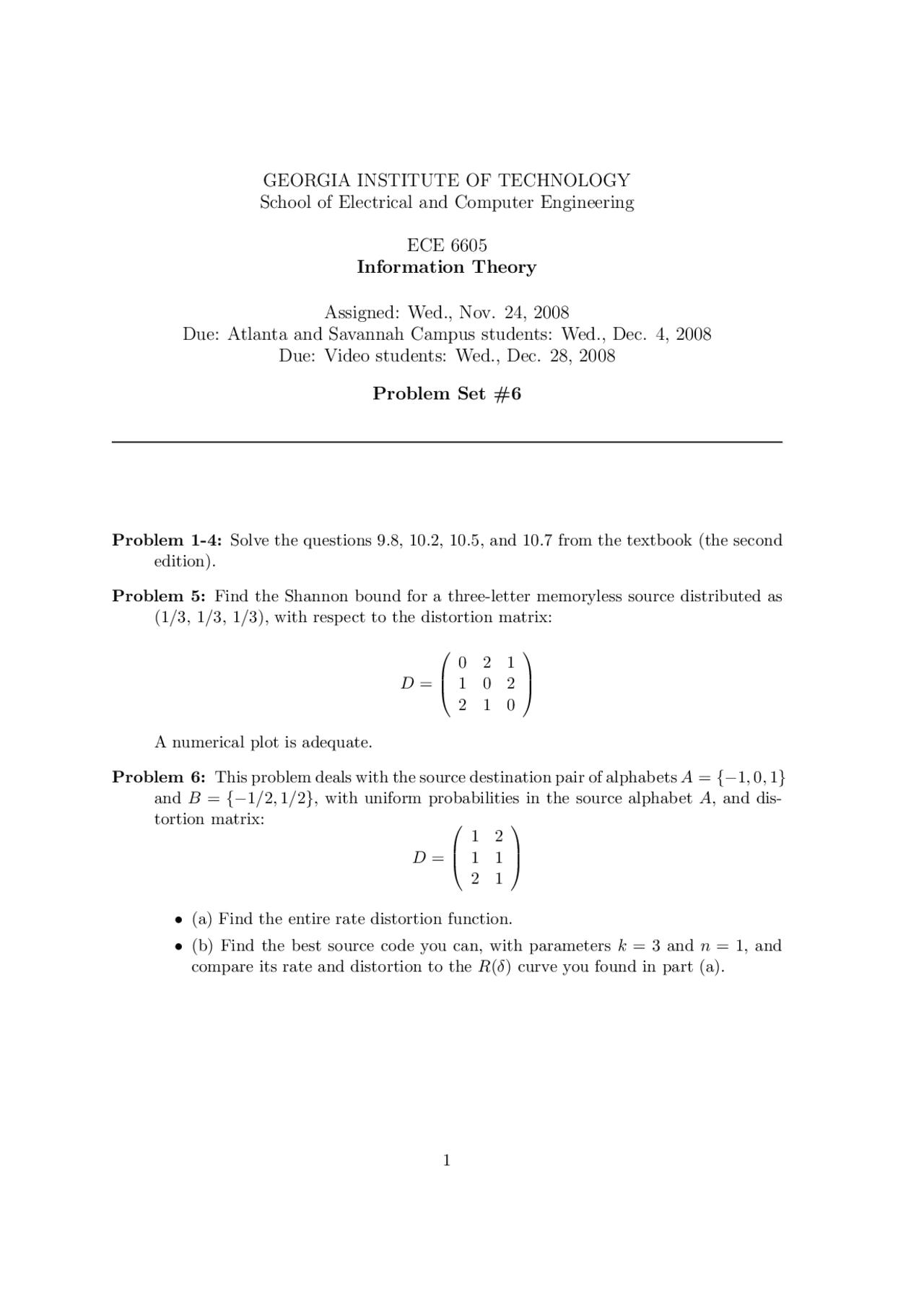 Problem Set 6 Information Theory Fall 2008 Ece 6605 Docsity