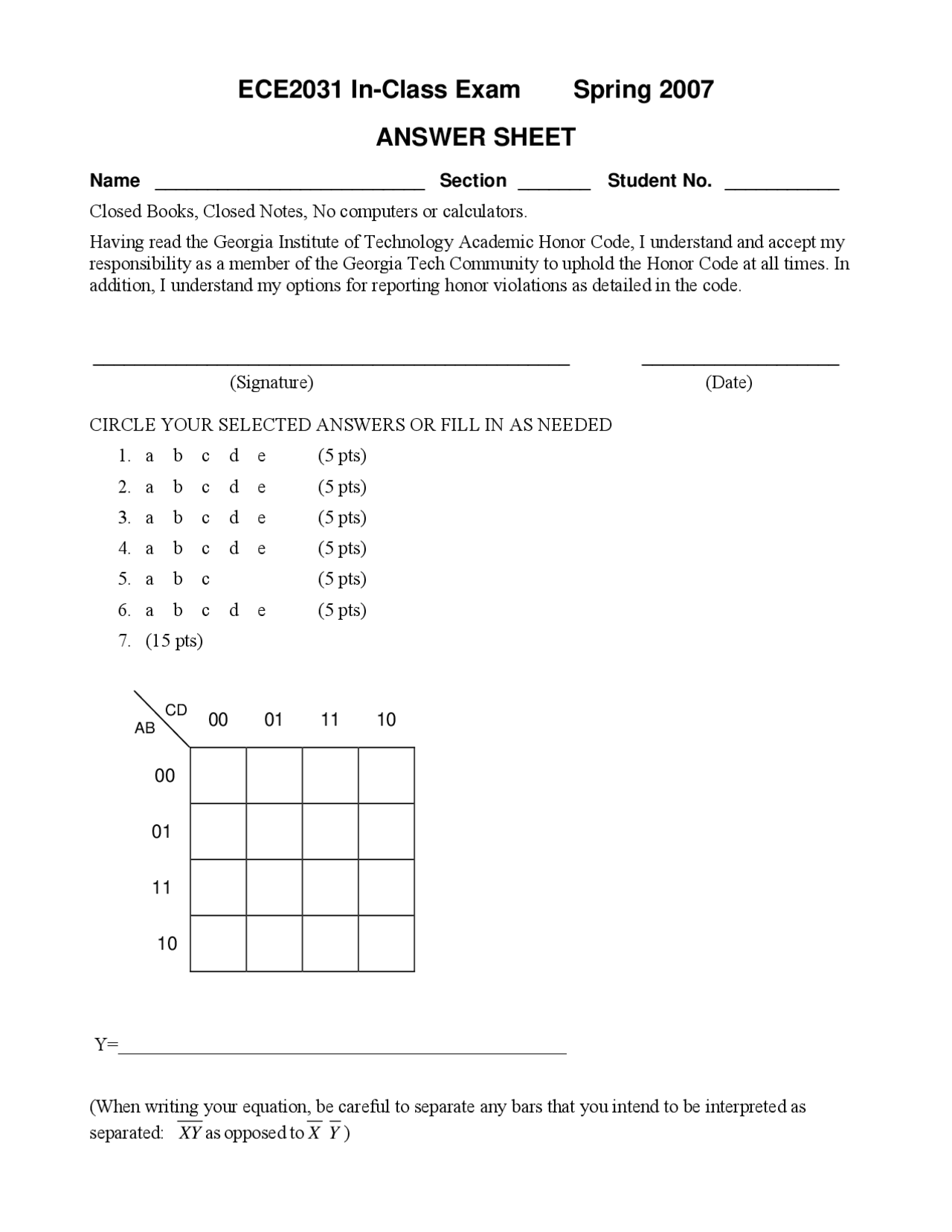 Digital Design Lab - Practice Exam C Answer Sheet | ECE 2031 - Docsity