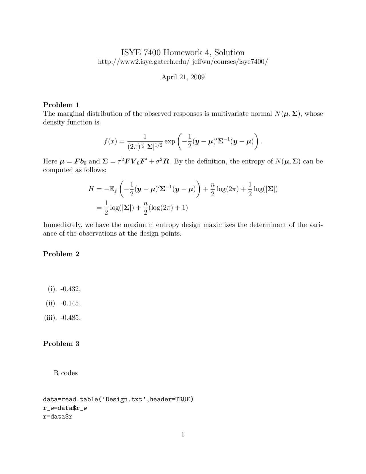 3 Problems on First and Second Order Indices - Homework 4 | ISYE 7400 - Docsity