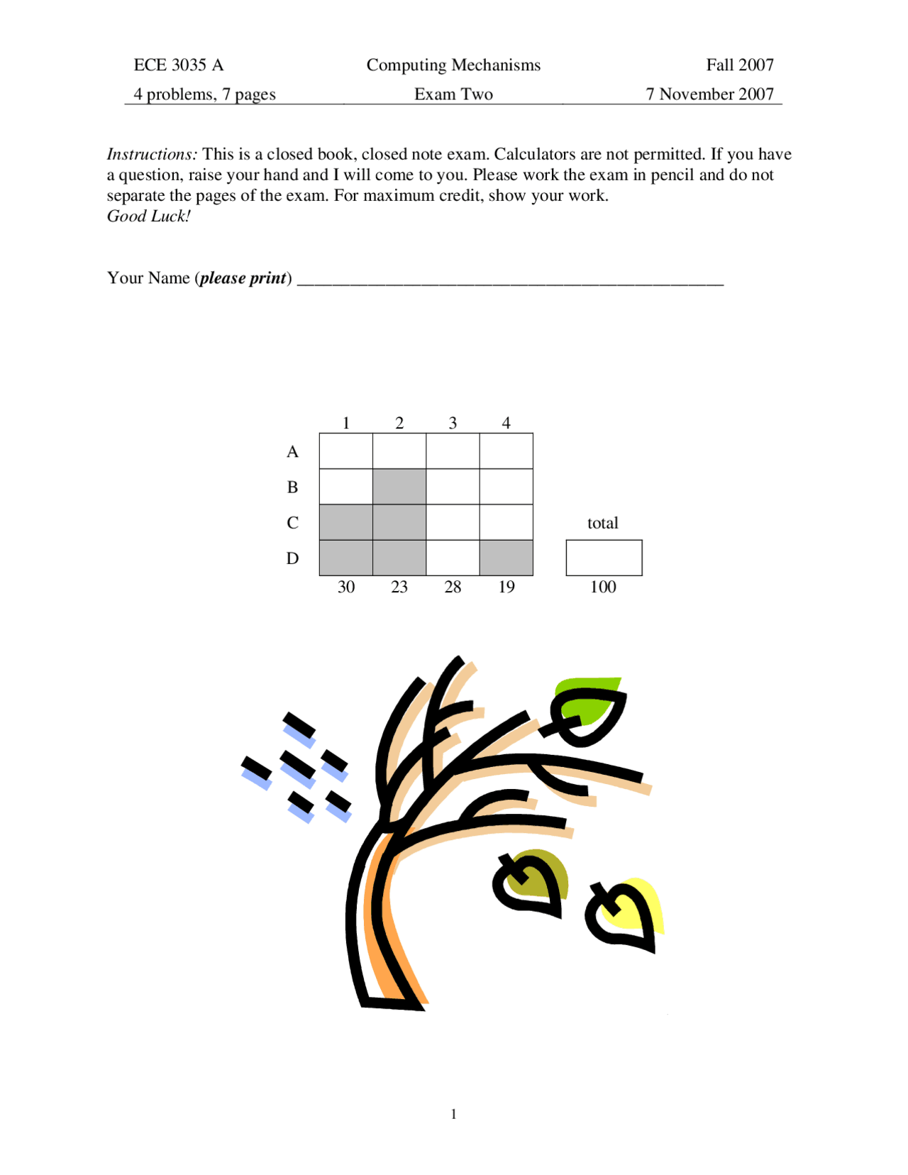 Practice Exam Two - Fall 2007 - Mechanisms-Computing Systems | ECE 3035 | Exams Electrical and ...