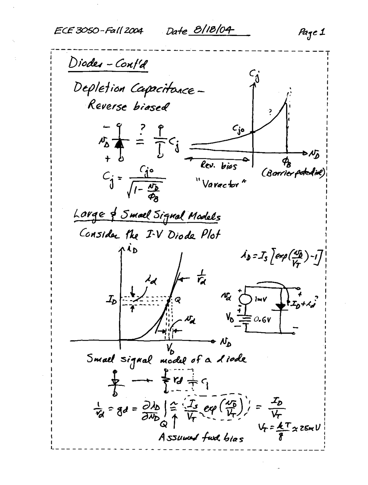 Handwritten Notes on Diode - Analog Electronics | ECE 3050 - Docsity