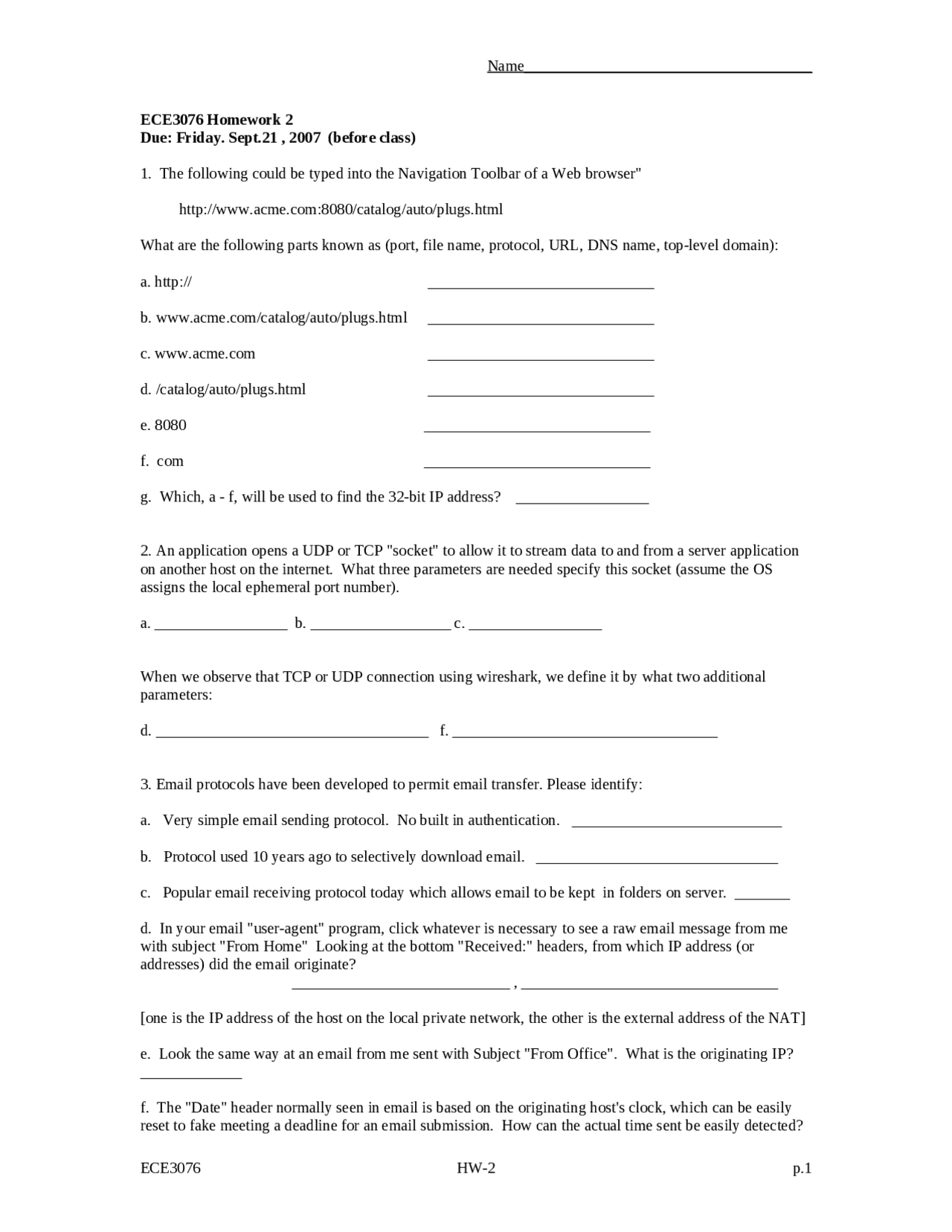 Solved Problems on Computer Communication - Assignment 2 | ECE 3076 - Docsity