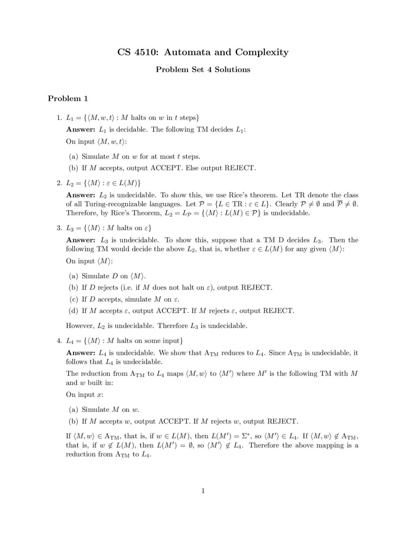Assignment 4 Problems Solutions Automata And Complexity Cs 4510 Docsity
