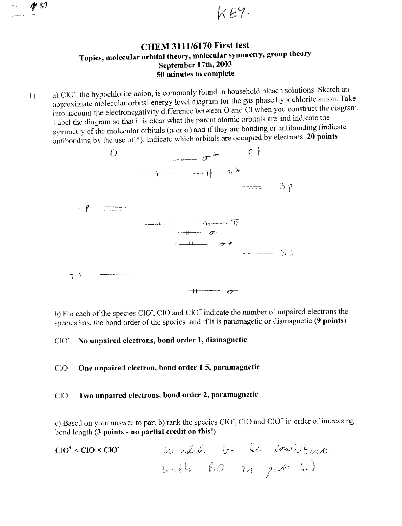 Solution Manual For Exam 1 Inorganic Chemistry Chem 3111 Docsity