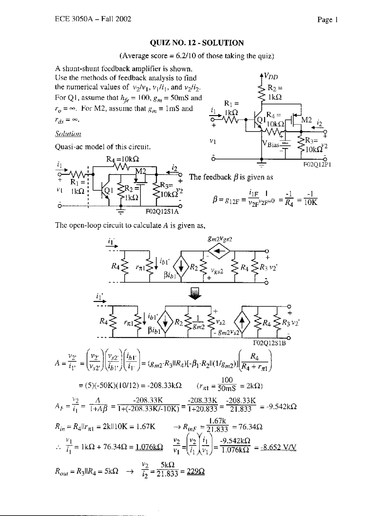 Problem with Solution in Quiz 12 - Analogue Electronics | ECE 3050 | Quizzes Electrical and ...