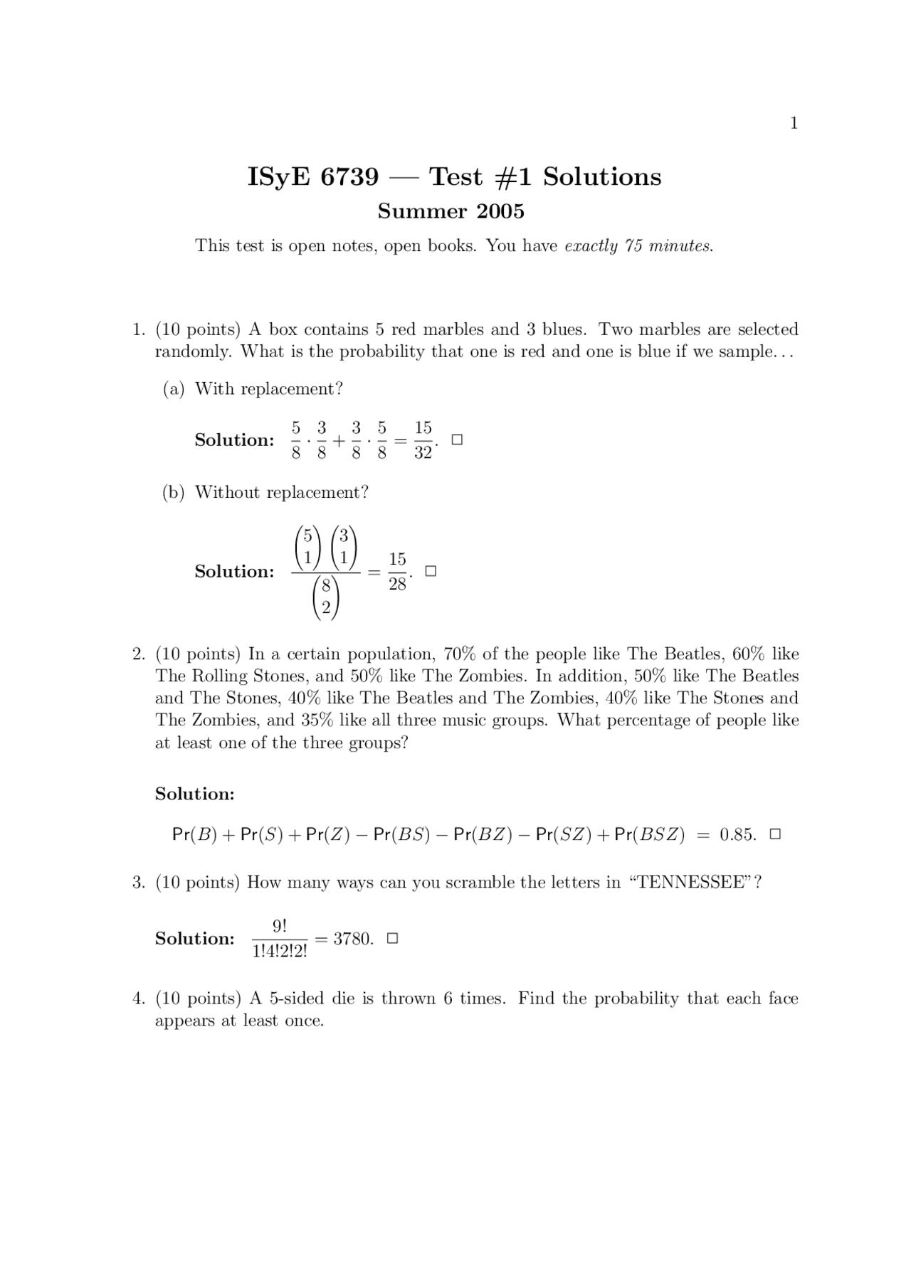 Practice Test 1 Solutions Statistical Methods Isye 6739 Docsity