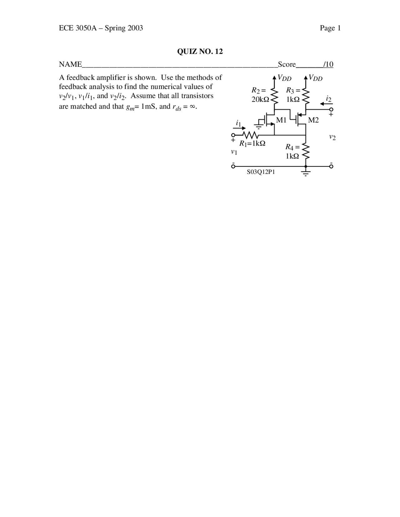Unsolved Problem In Quiz 12 Analogue Electronics Ece 3050 Docsity