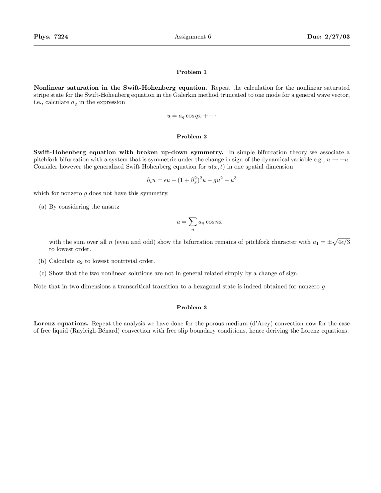 6 Questions For Assignment 6 Nonlinear Dynamics Phys 7224 Docsity