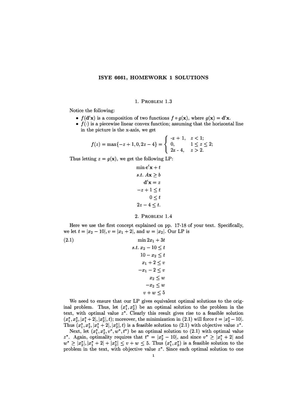 Homework 1 Solutions For Linear Optimization Isye 6661 Assignments