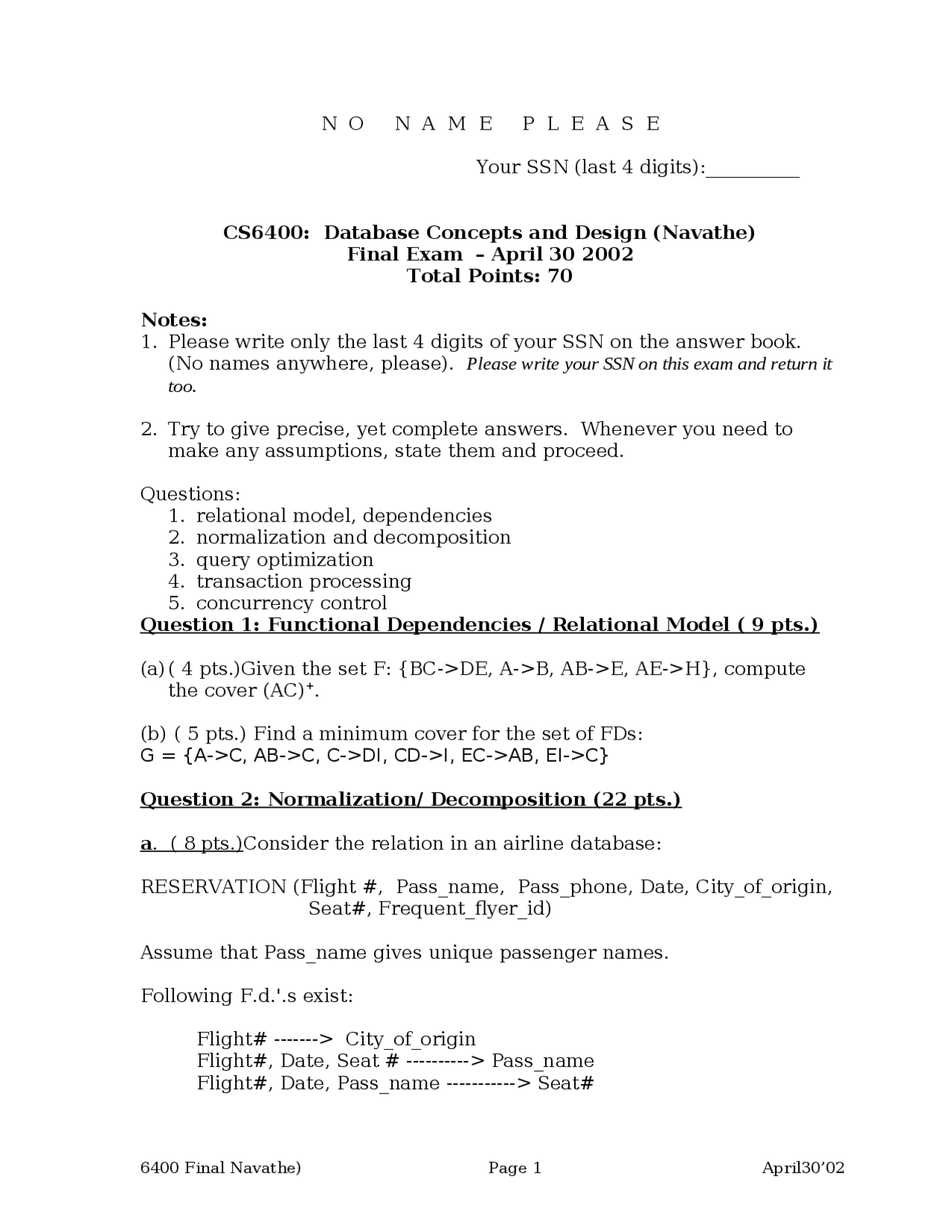 Final Exam Syllabus Database System Concepts And Design Cs 6400