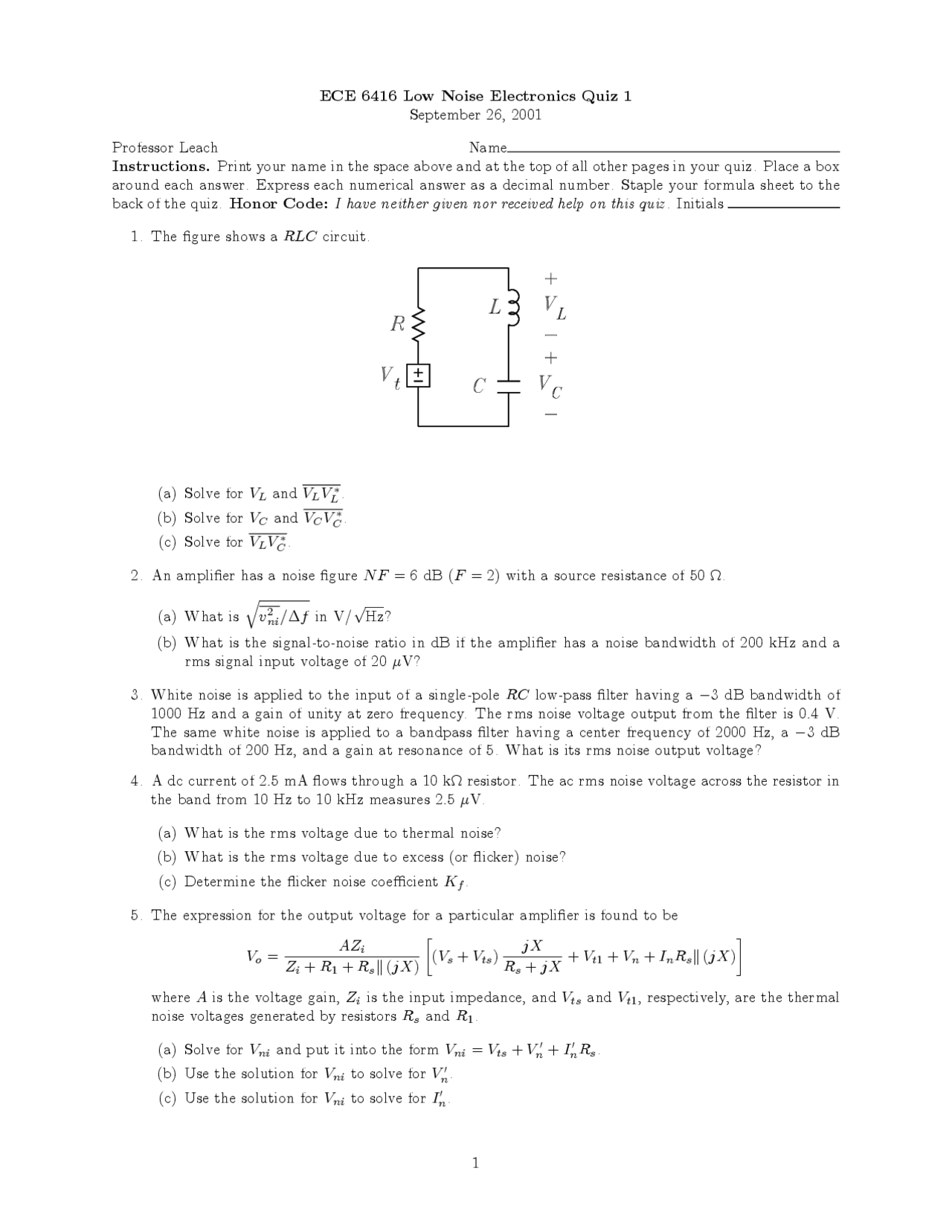 Quiz 1 Problems Low Noise Electronic System Design Ece 6416 Docsity