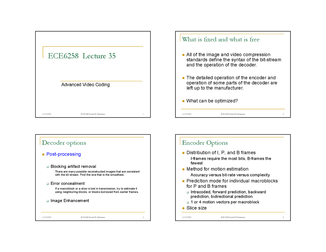Lecture Slides On Advanced Video Coding Ece 6258 Docsity