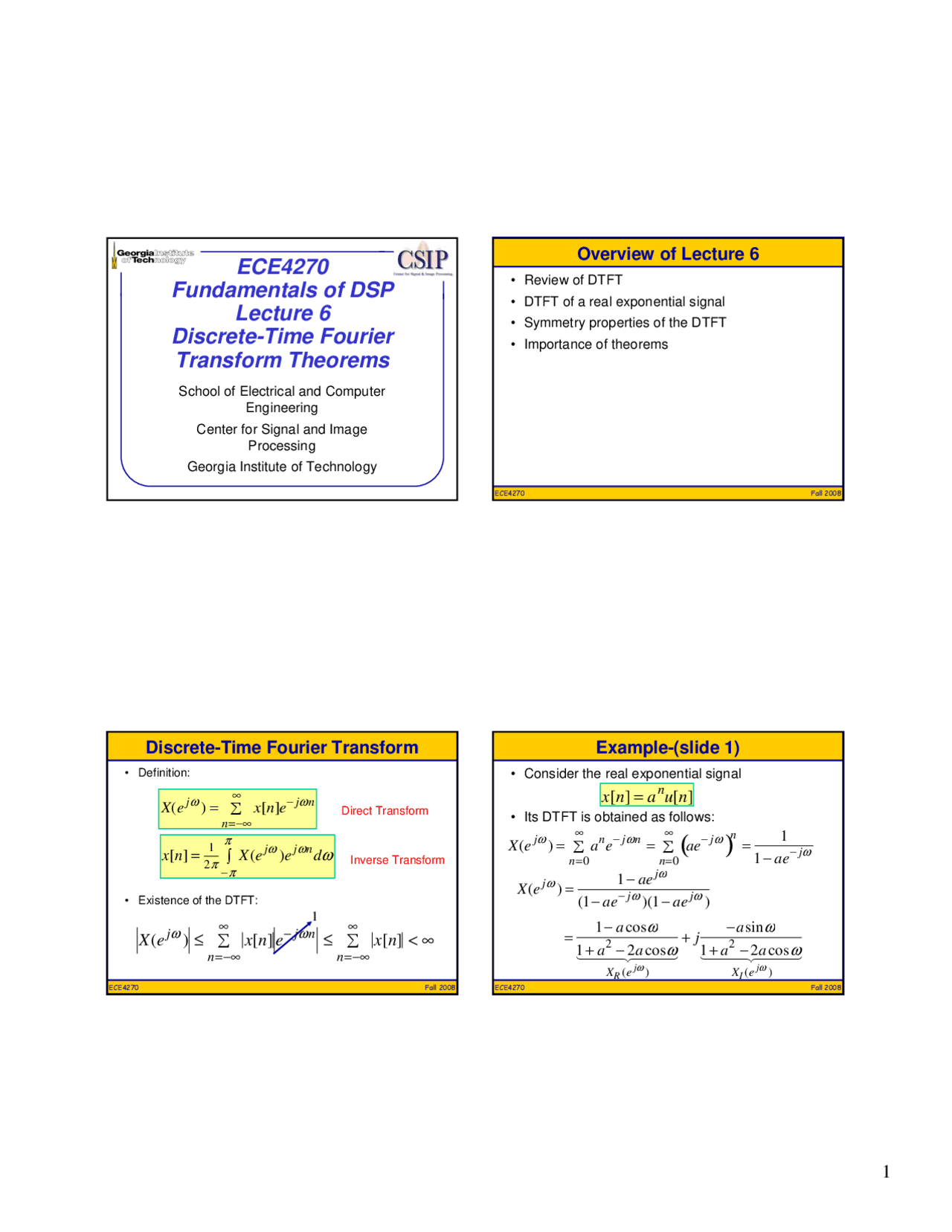 Discrete Time Fourier Transform Theorems Slides Ece 4270 Docsity