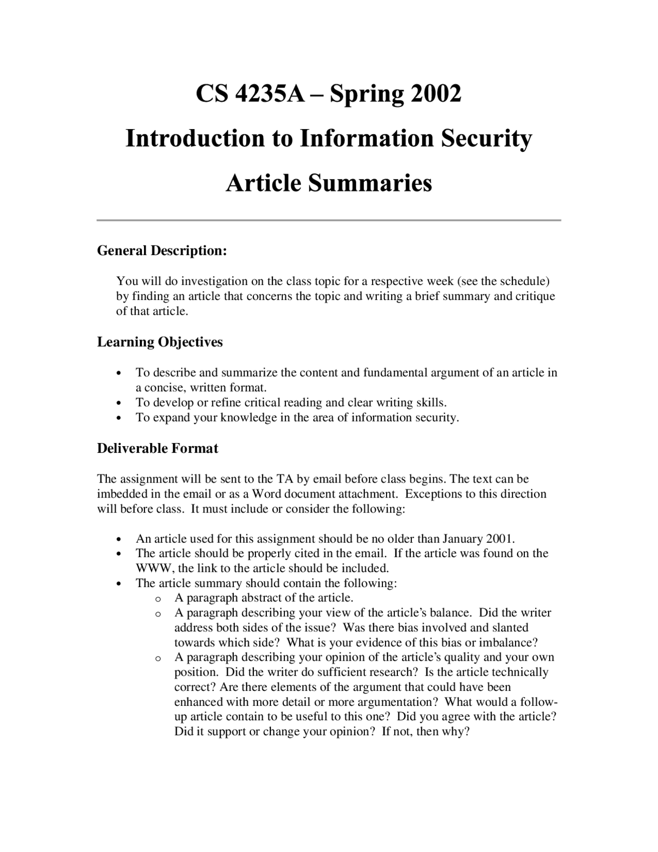 An Introduction to Information Security - Article | CS 4235 | Assignments Computer Science | Docsity