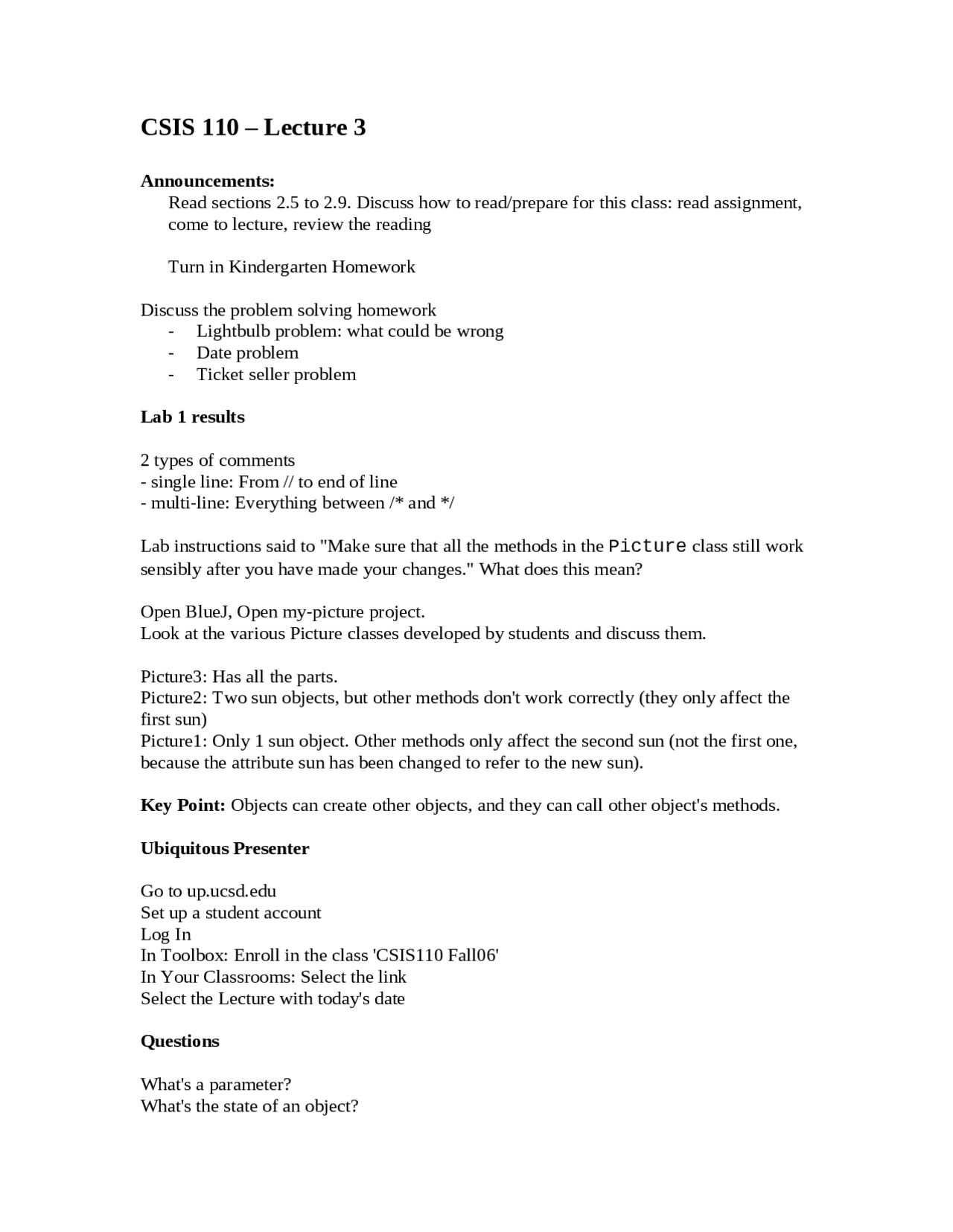 Csis 110 Lecture 3 Objects Methods And Parameters Prof Brian F