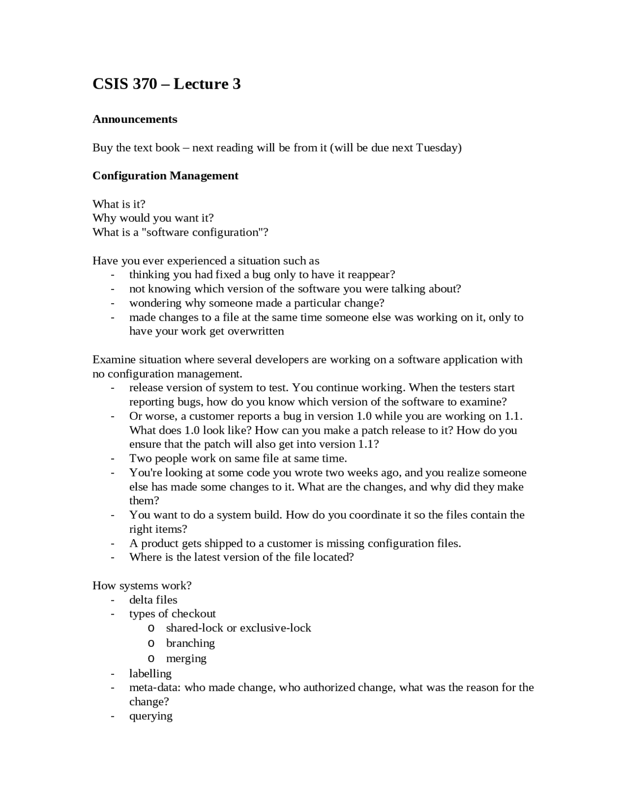 Configuration Management Software Engineering I System Analysis Csis 360 Docsity