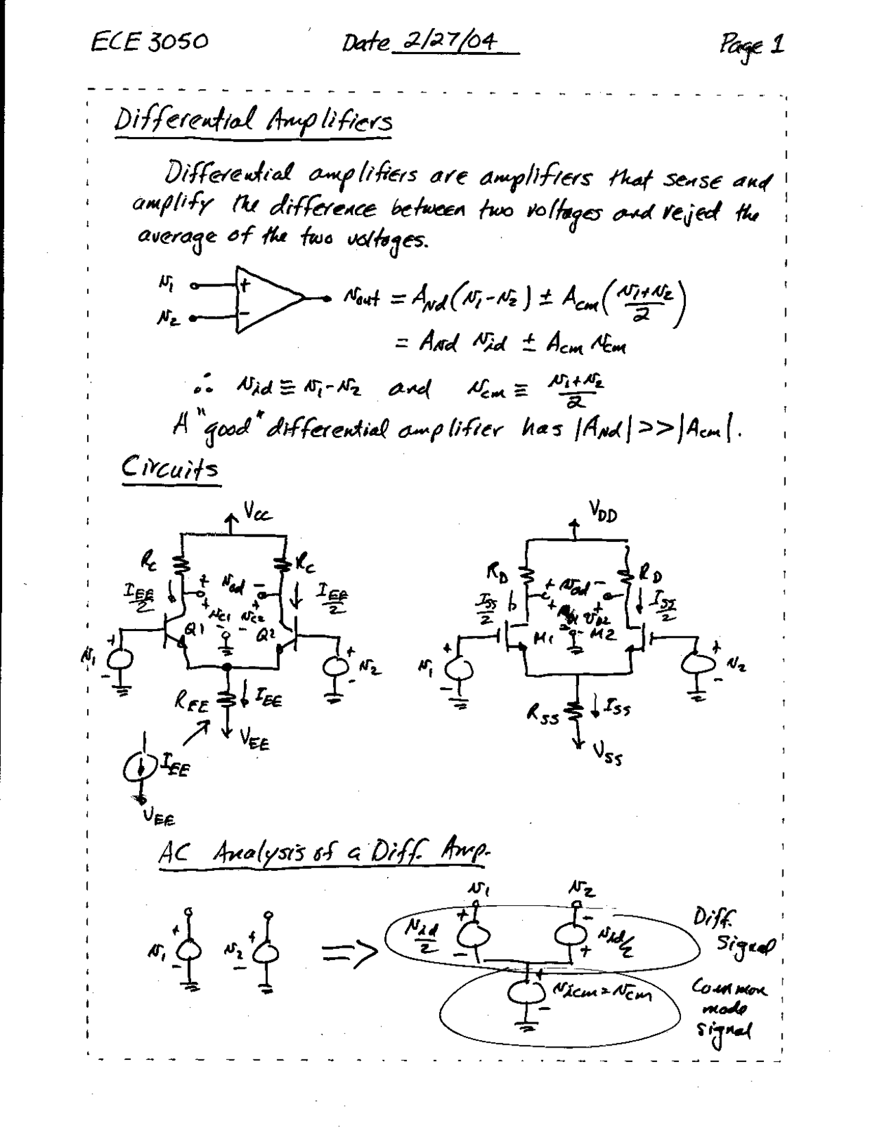 Differential Amplifiers Handwritten Notes Ece 3050 Docsity