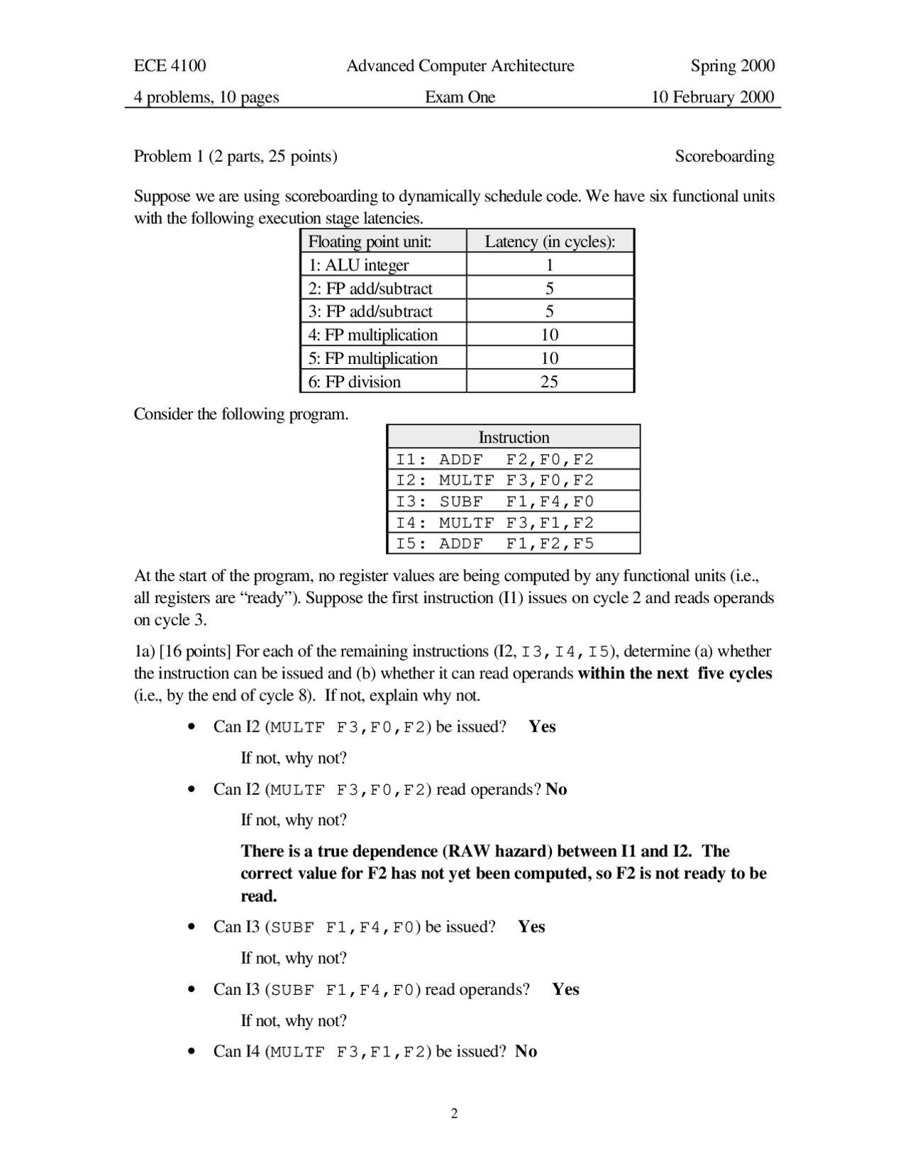 Exam 1 Questions - Advanced Computer Architecture - Spring 2000 | ECE 4100 - Docsity