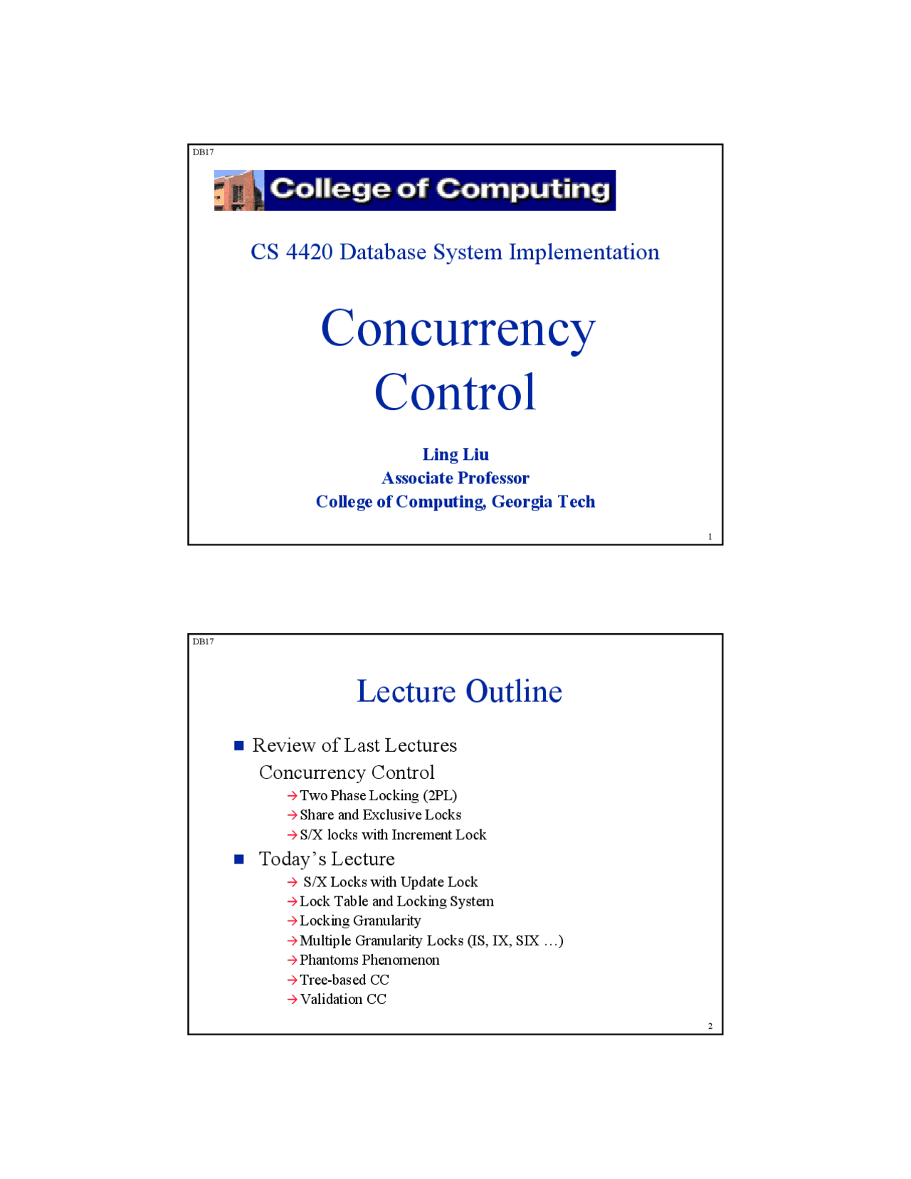 Concurrency In Database Systems Implementation Lecture Slides Cs 4420 Docsity