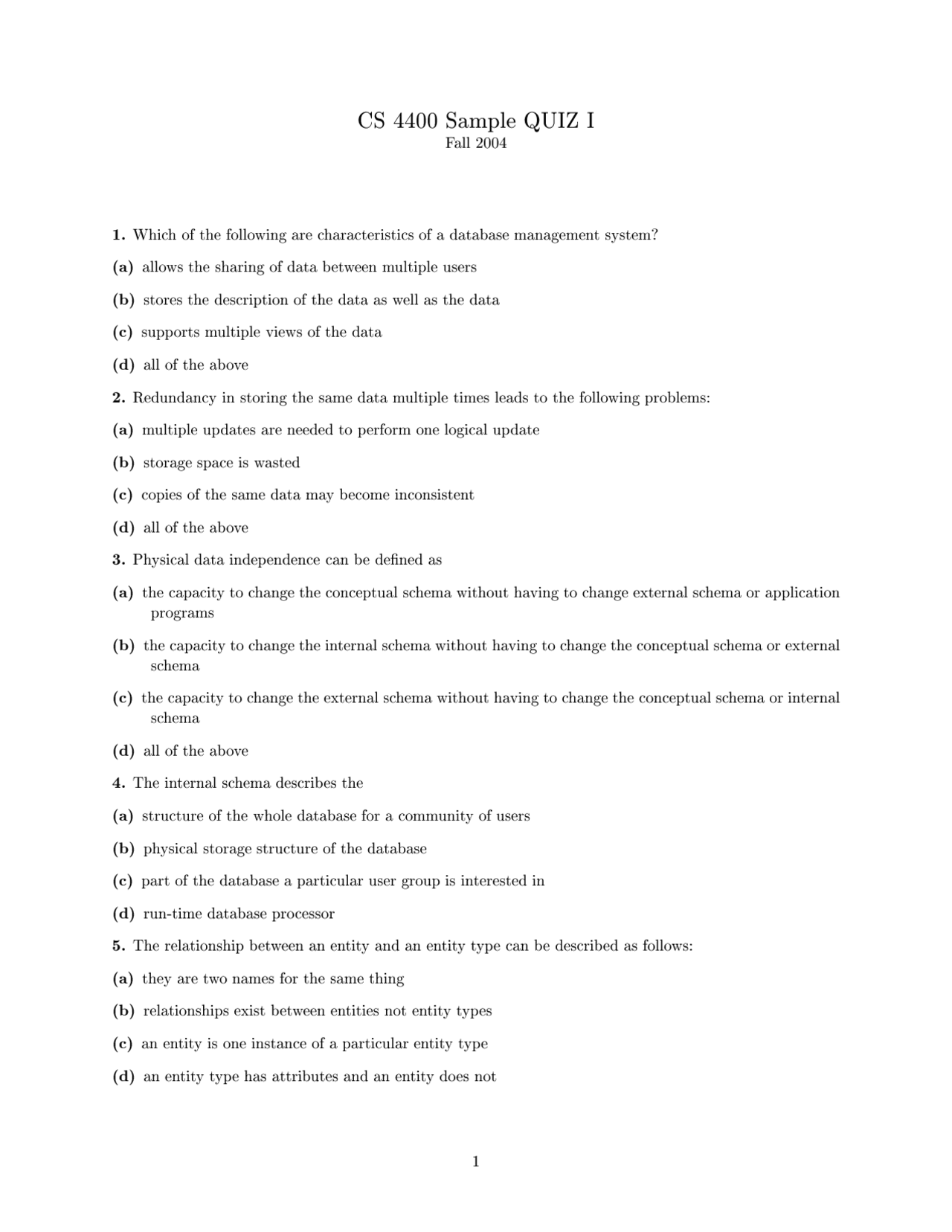 Quiz 1 Introduction To Database Systems Cs 4400 Docsity