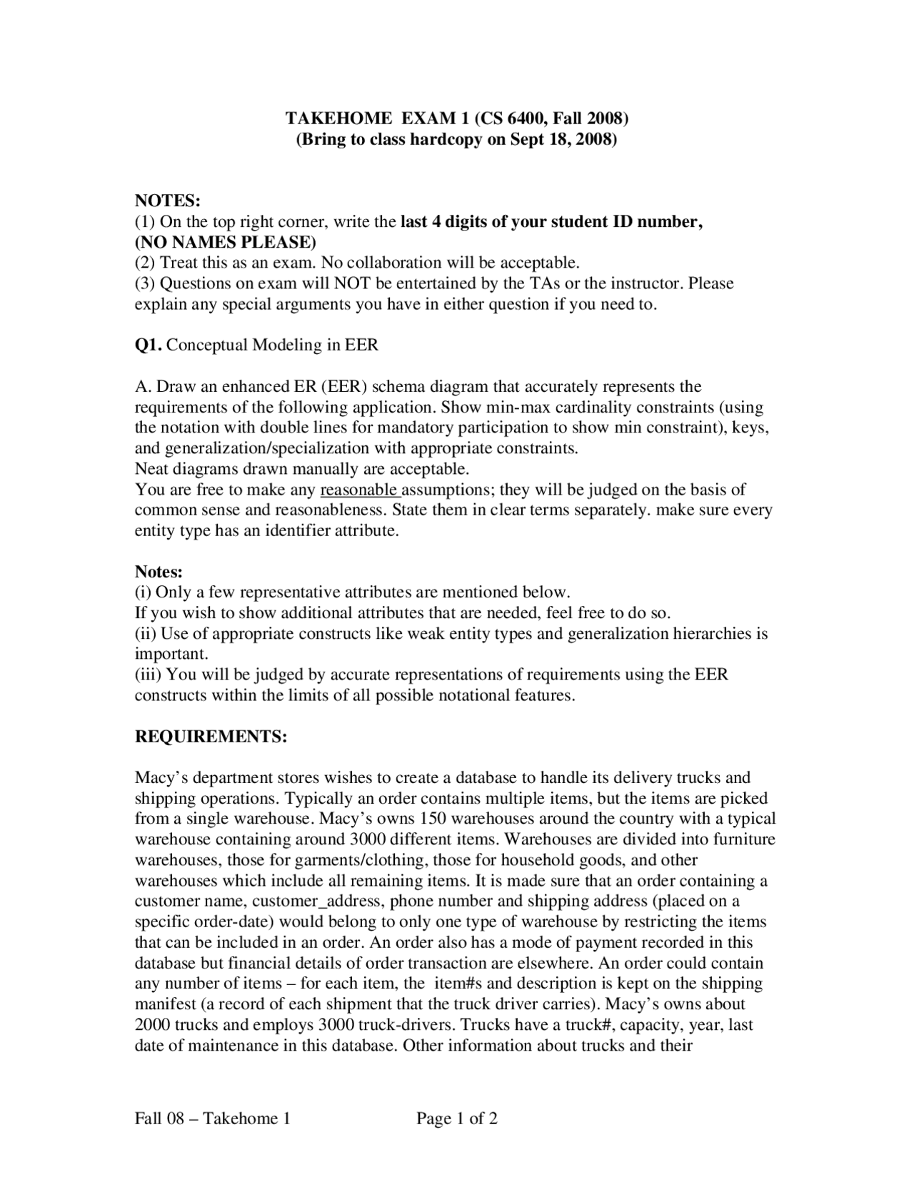 Take Home Exam Database Systems Concepts And Design Cs 6400 Docsity