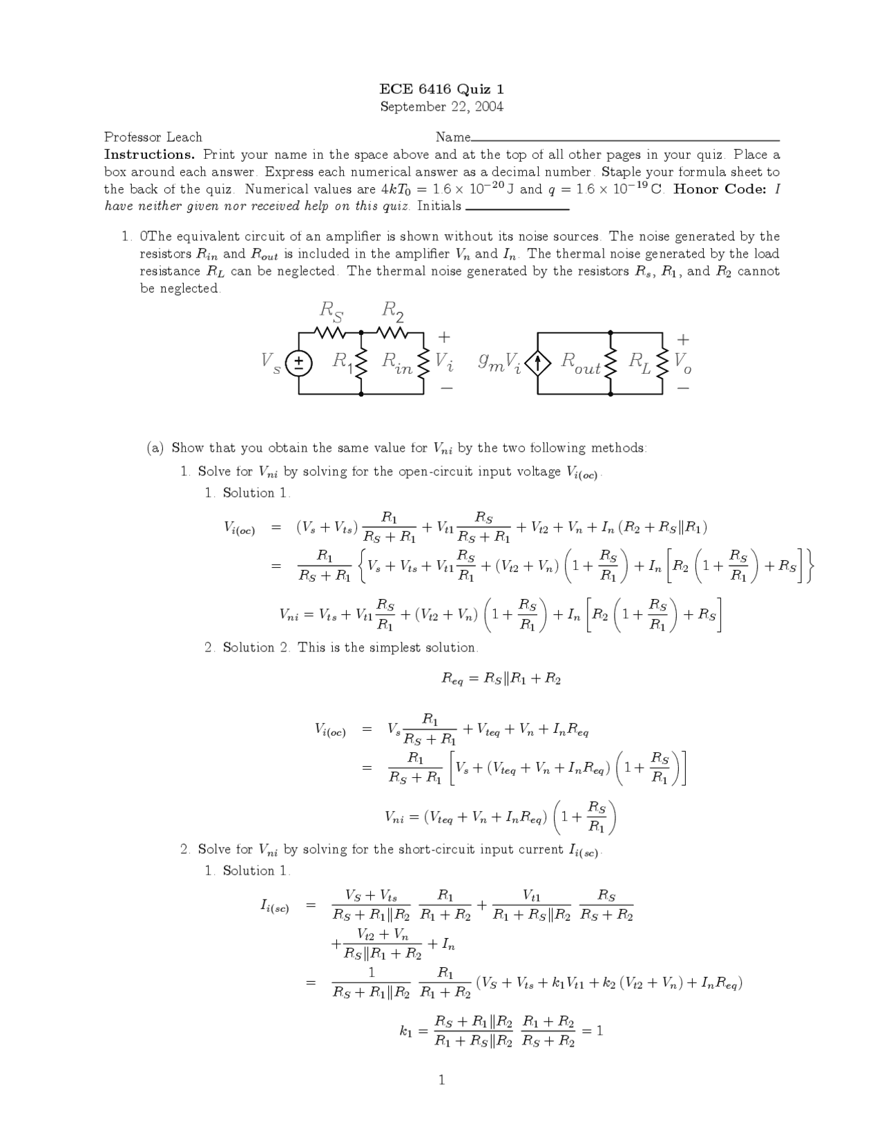 Quiz 1 For Low Noise Electronic Design Ece 6416 Docsity