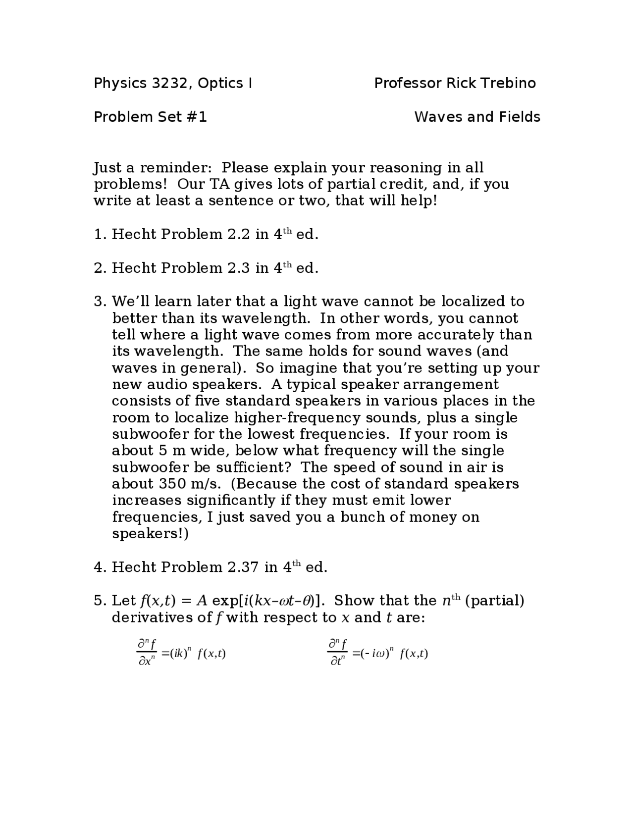 Waves And Fields Problem Set 1 Phys 3232 Docsity