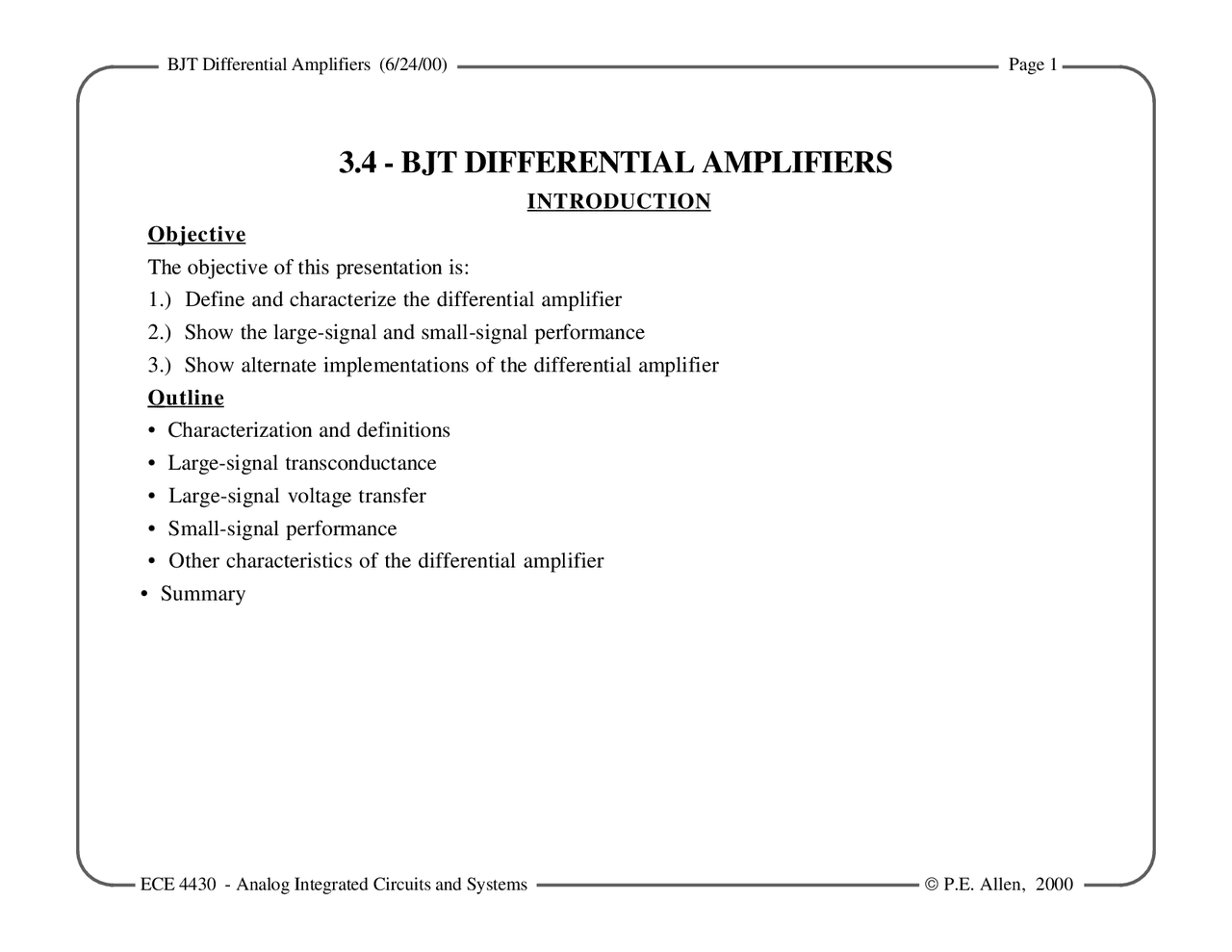 An Introduction To Bjt Differential Amplifiers Outline Ece 4430