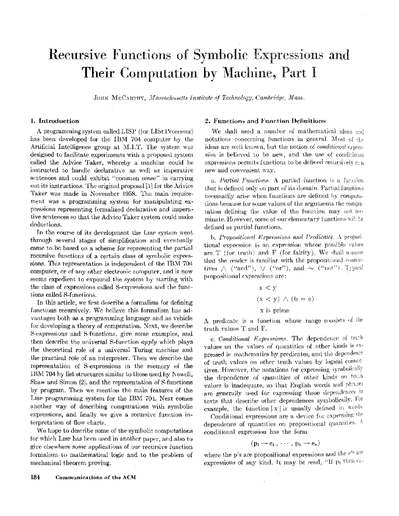 Recursive Functions Of Symbolic Expressions And Their Computation By Machine Cs 6390 Docsity 