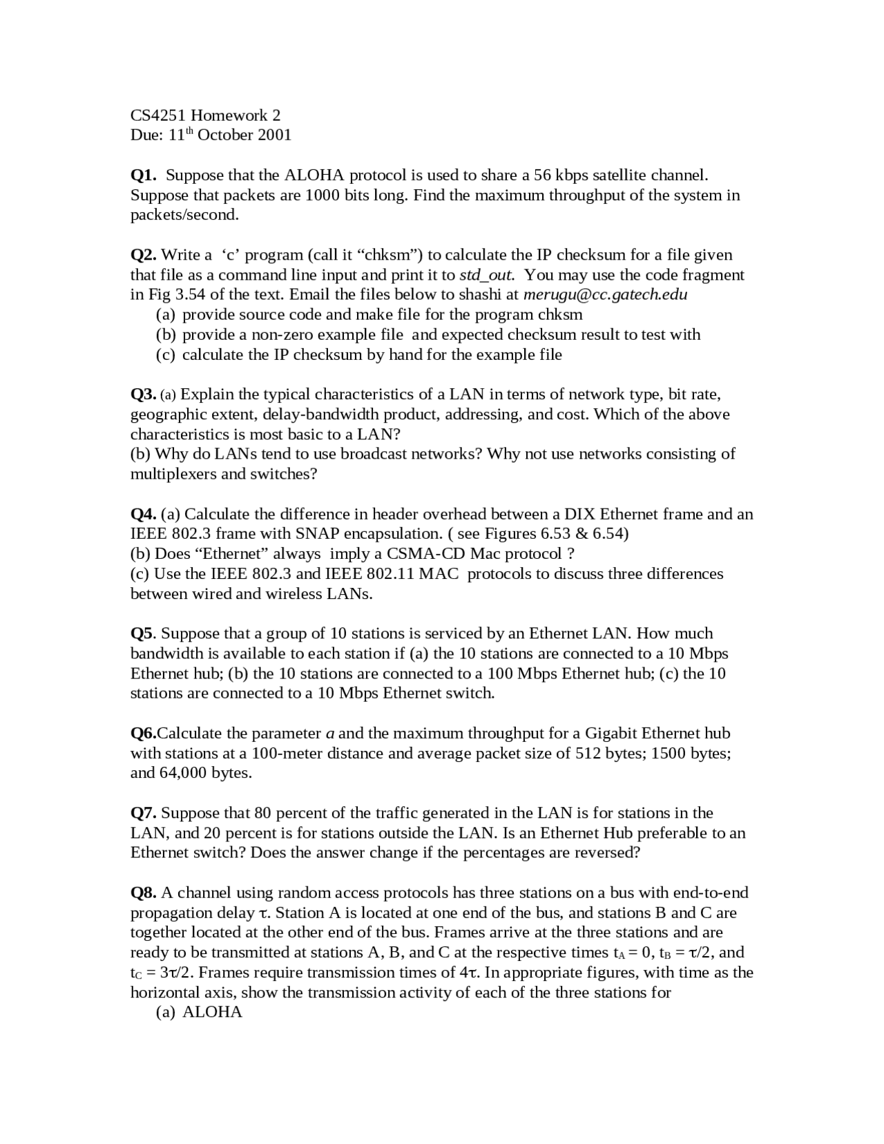 Homework 2 Questions on Computer Networking II | CS 4251 | Assignments Computer Systems ...