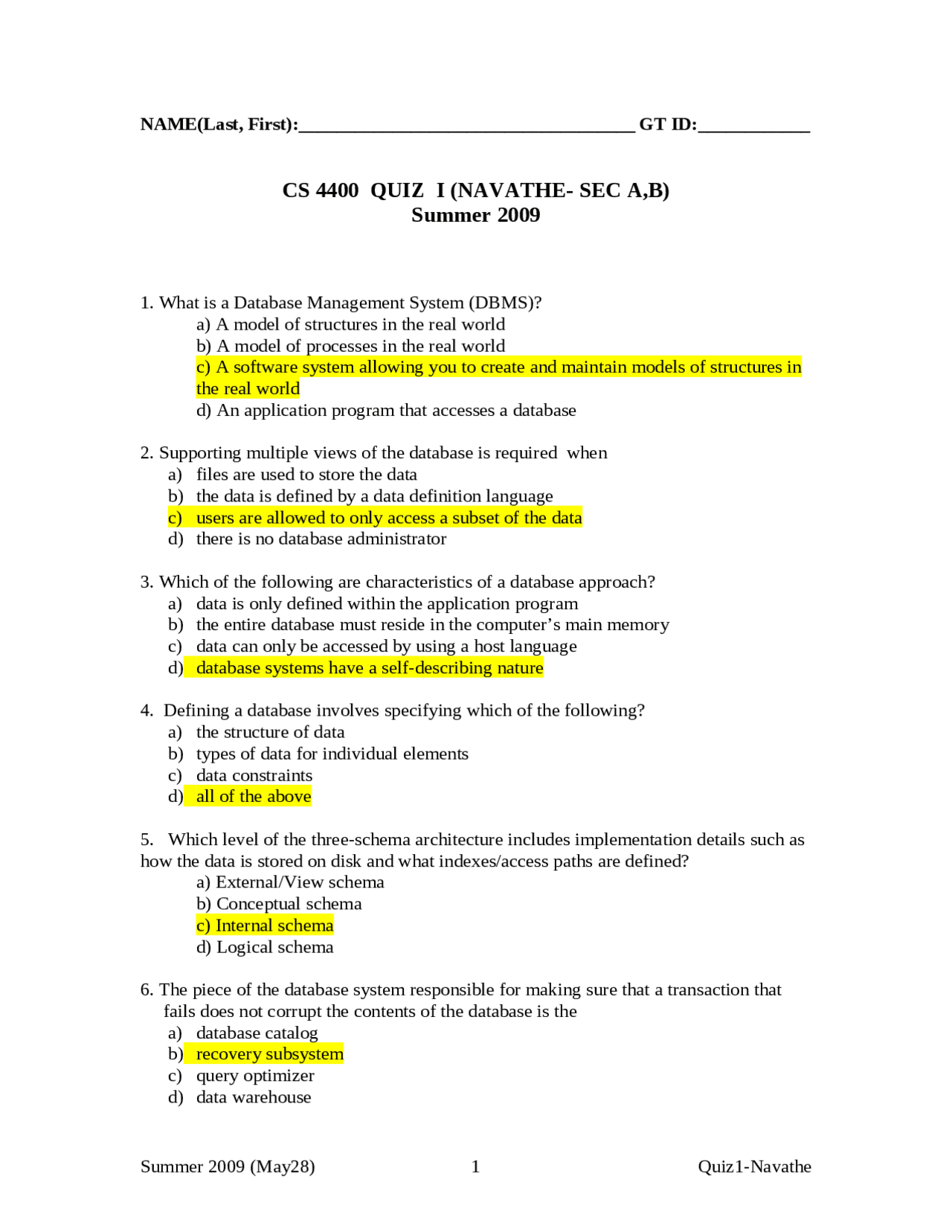 25 Solved Problems On Introduction To Database Systems Quiz 1 Cs 4400 Quizzes Deductive