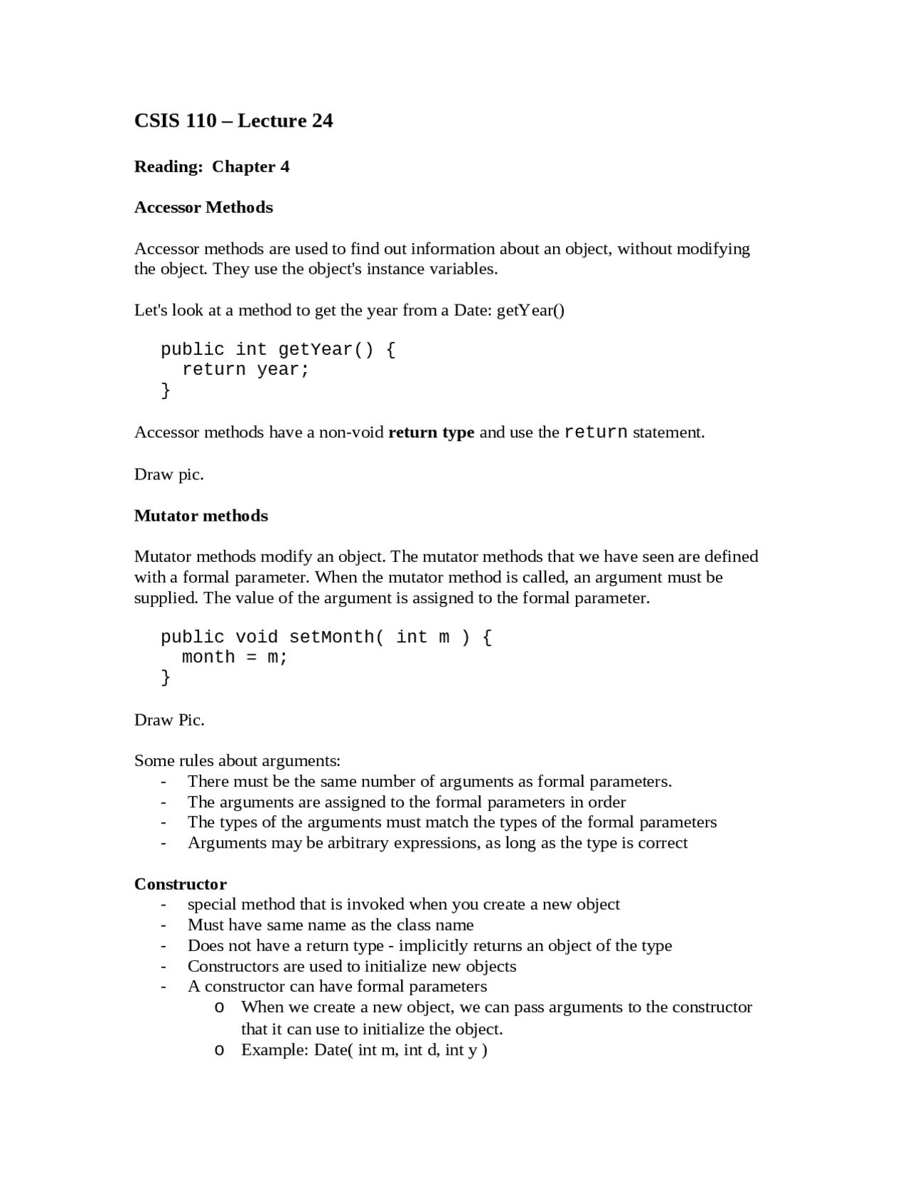 Accessor Methods Mutator Methods Lecture Notes Csis 110 Docsity