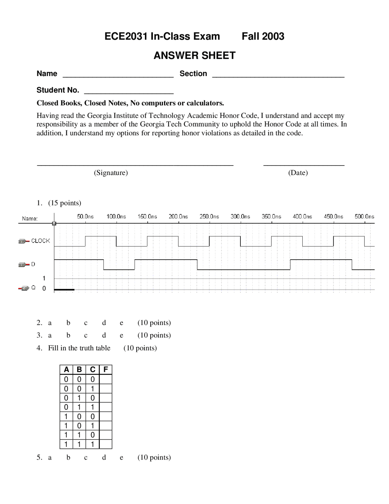 Practice Exam A Digital Design Lab Ece 2031 Docsity