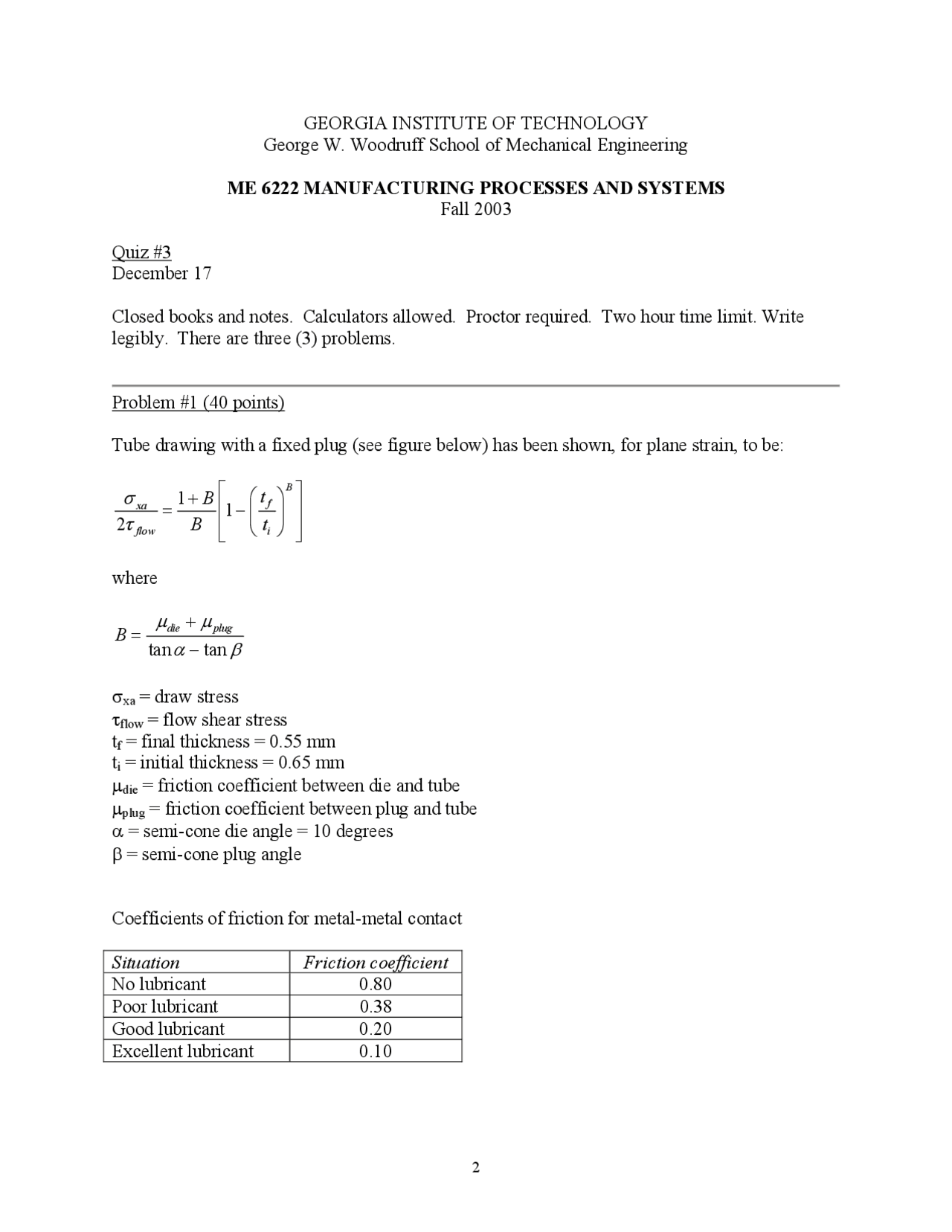 Quiz 3 For Manufacturing Processes And Systems Me 6222 Docsity