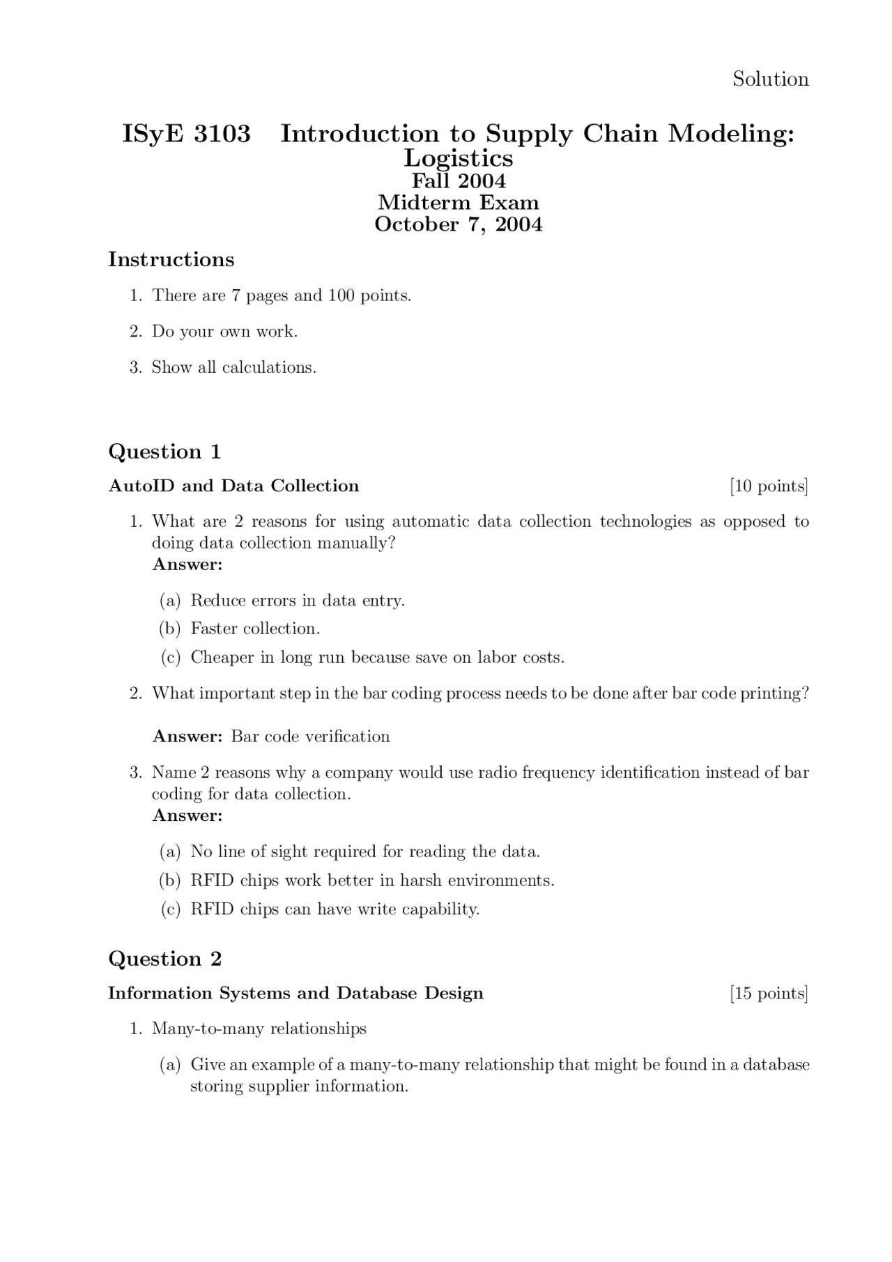 Midterm Exam Supply Chain Modeling Logistics Isye 3103 Exams