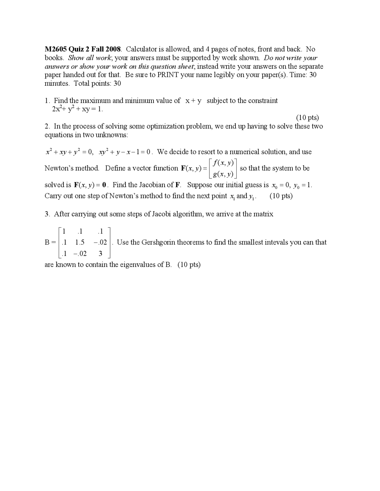 Quiz 2 Calculus Iii For Computer Science Math 2605 Docsity