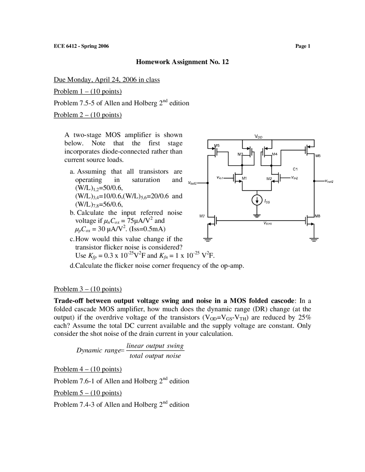 Homework 12 Analog Integrated Circuit Design Spring 2006 Ece 6412