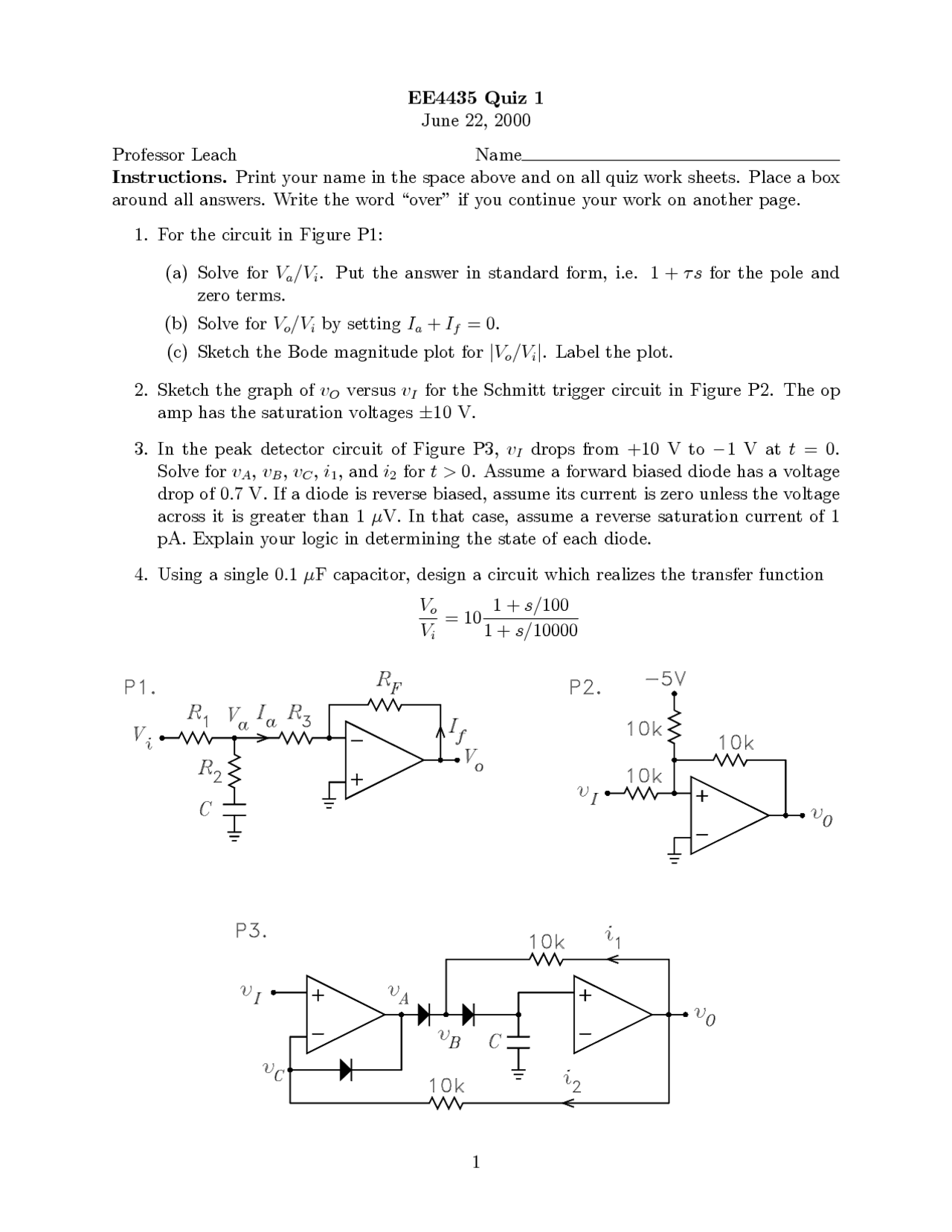 4 Questions On Operational Amplifiers Design Quiz I Ece 4435 Docsity