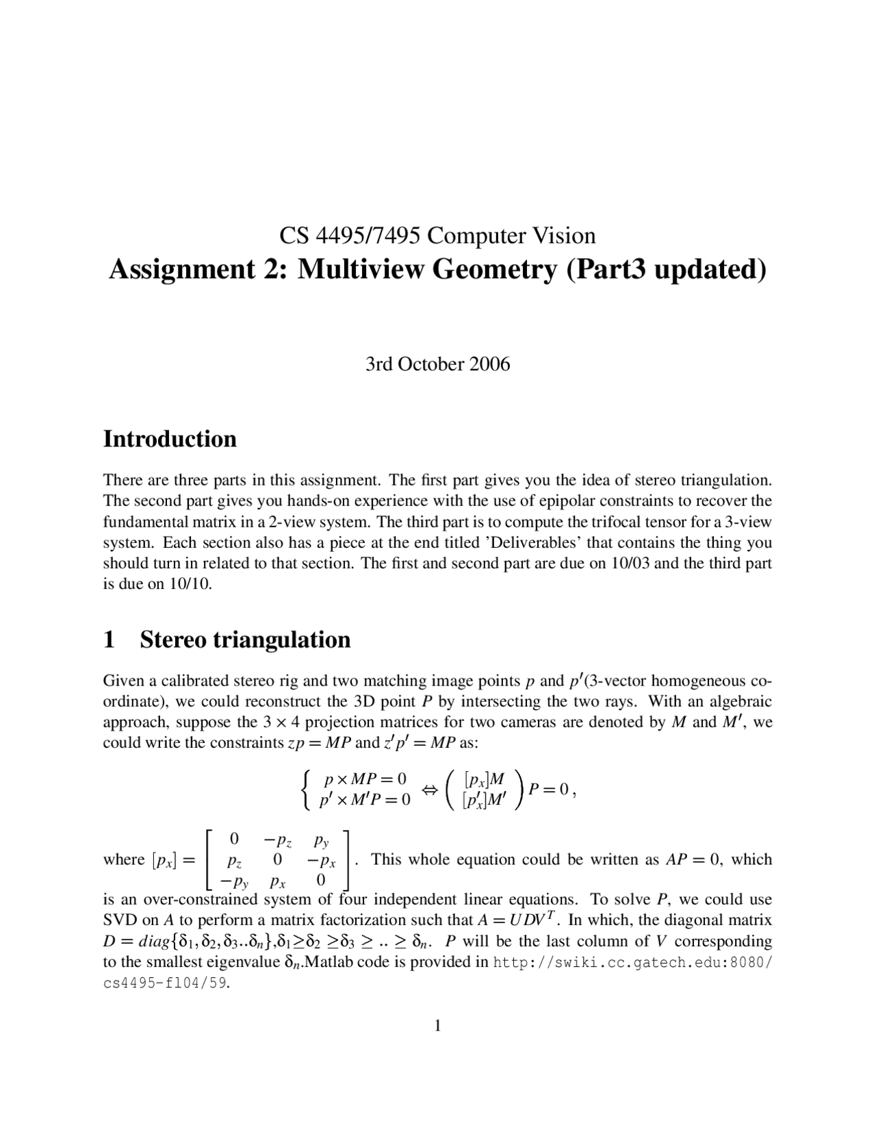 Multiview Geometry Computer Vision Computer Vision Cs 4495