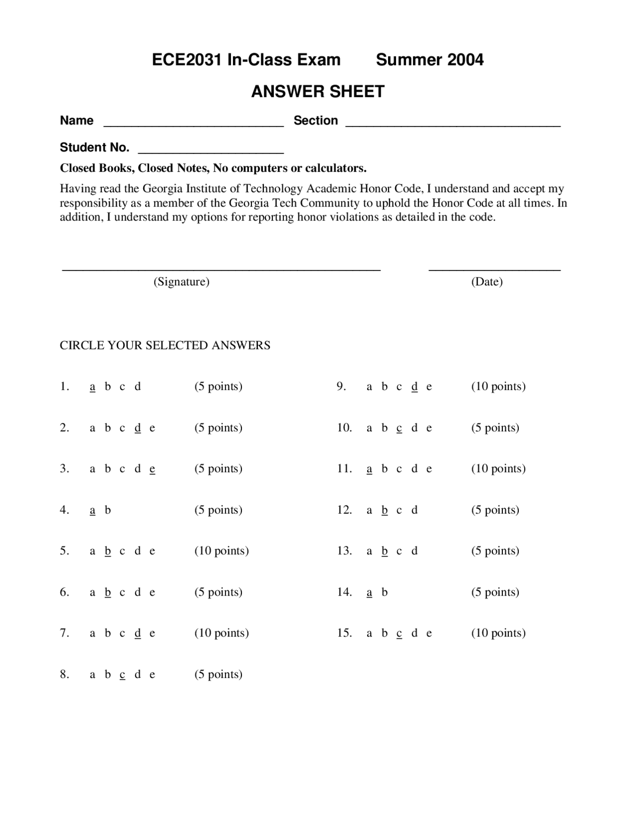 In Class Exam Answer Sheet - Digital Design Lab | ECE 2031 - Docsity