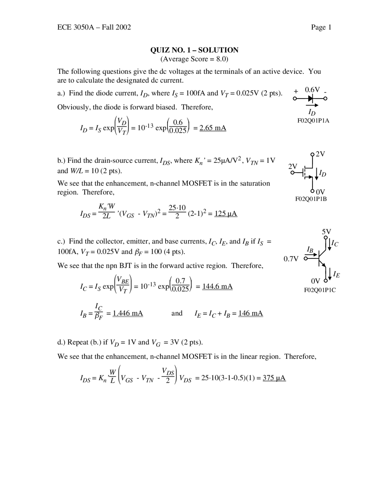 Solutions For Exam 1 Analog Electronics Ece 3050 Docsity