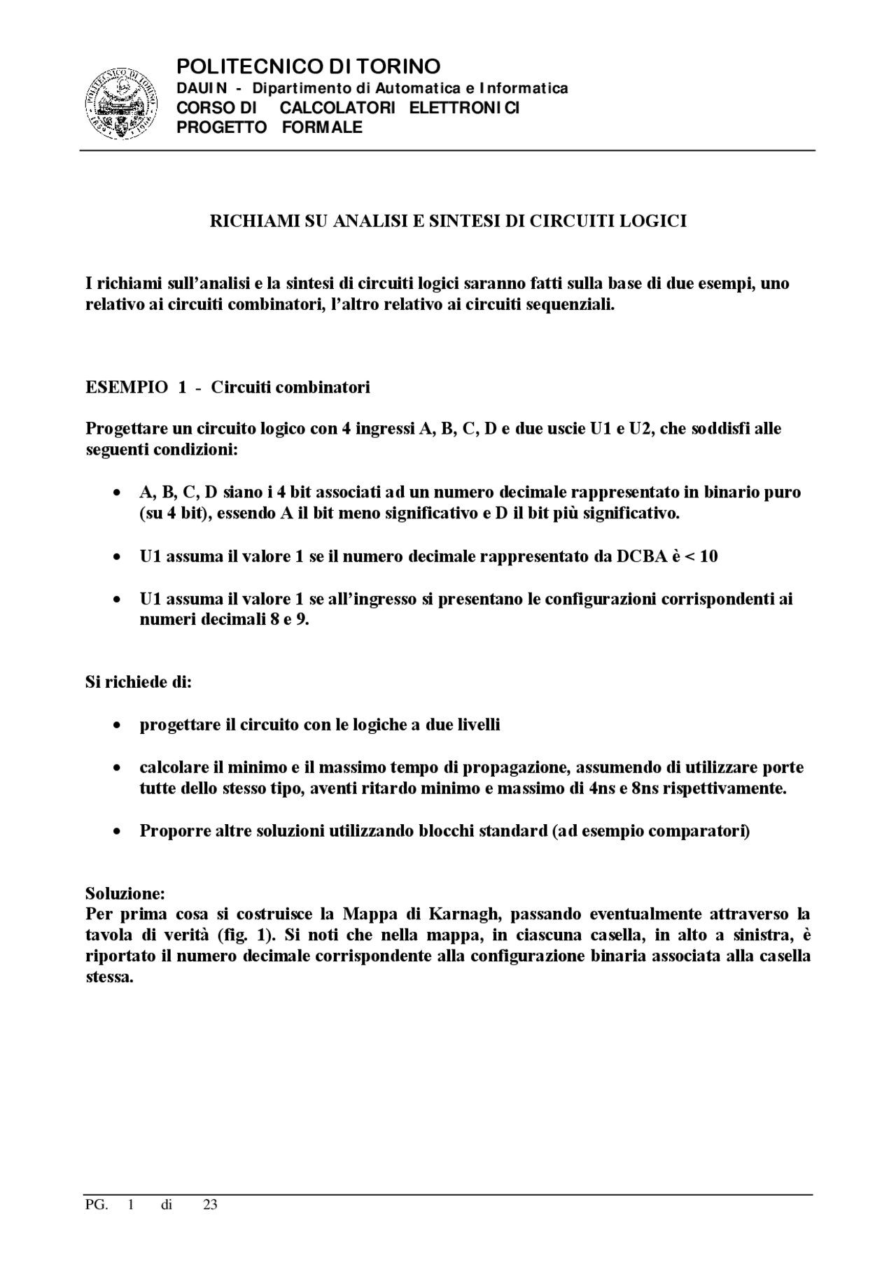 Calcolatori Elettronici Esercitazione Su Circuiti Logici Docsity