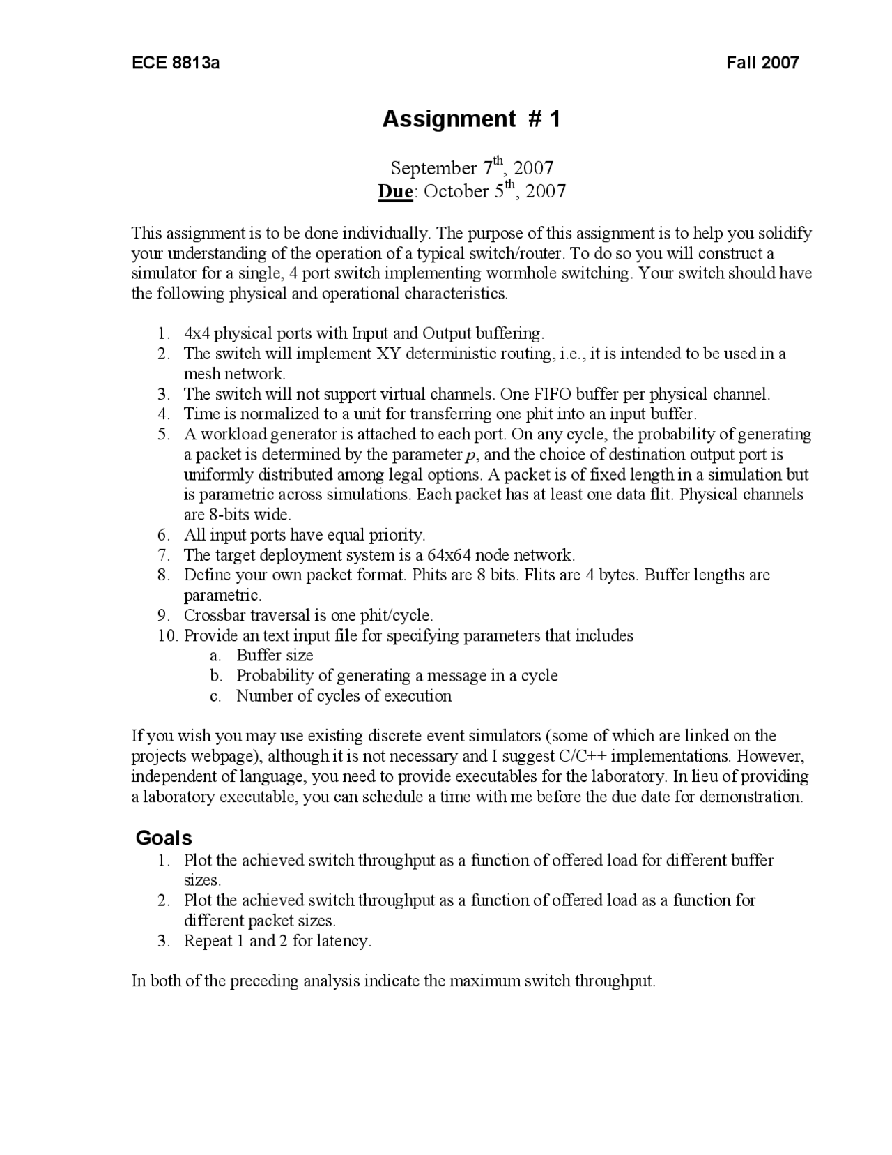 ECE 8813a Fall 2007 Assignment 1: Building a Switch Simulator | Assignments Electrical and ...